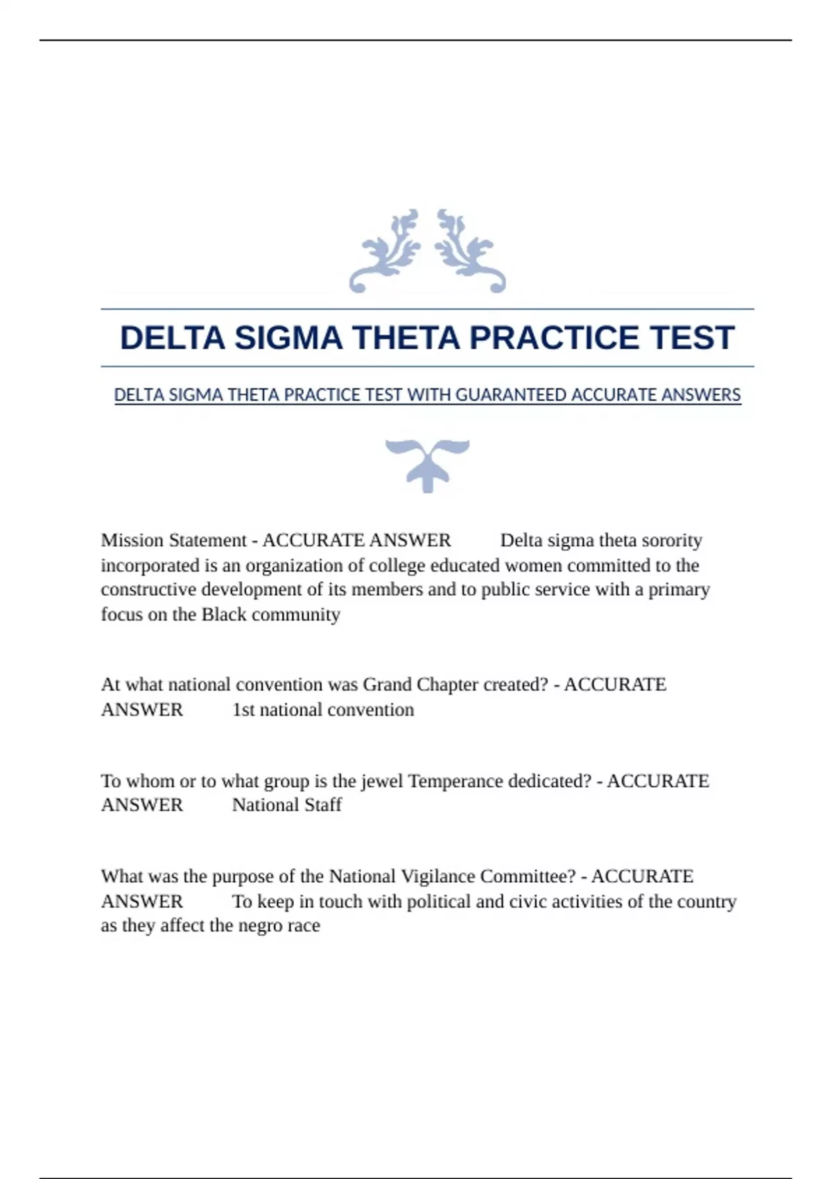 DELTA SIGMA THETA PRACTICE TEST WITH GUARANTEED ACCURATE ANSWERS ...