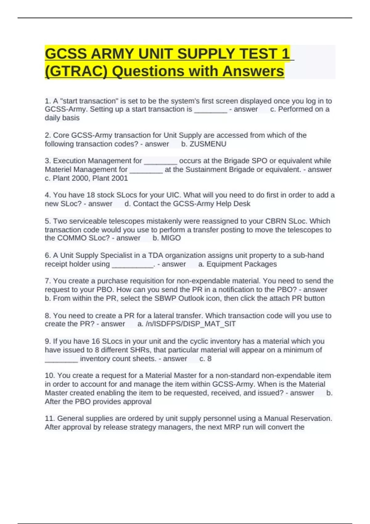 Gcss Army Unit Supply Test 1 Gtrac Questions With Answers Gcss Stuvia Us
