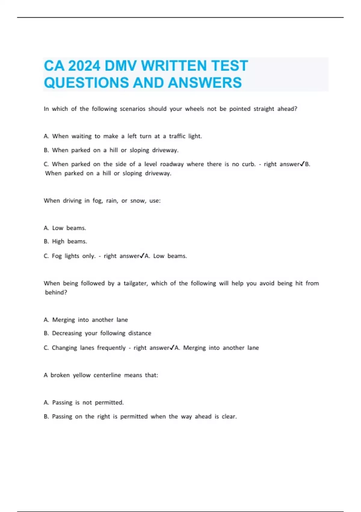 CA 2024 DMV WRITTEN TEST QUESTIONS AND ANSWERS - DMV VIETNAMESE - Stuvia US