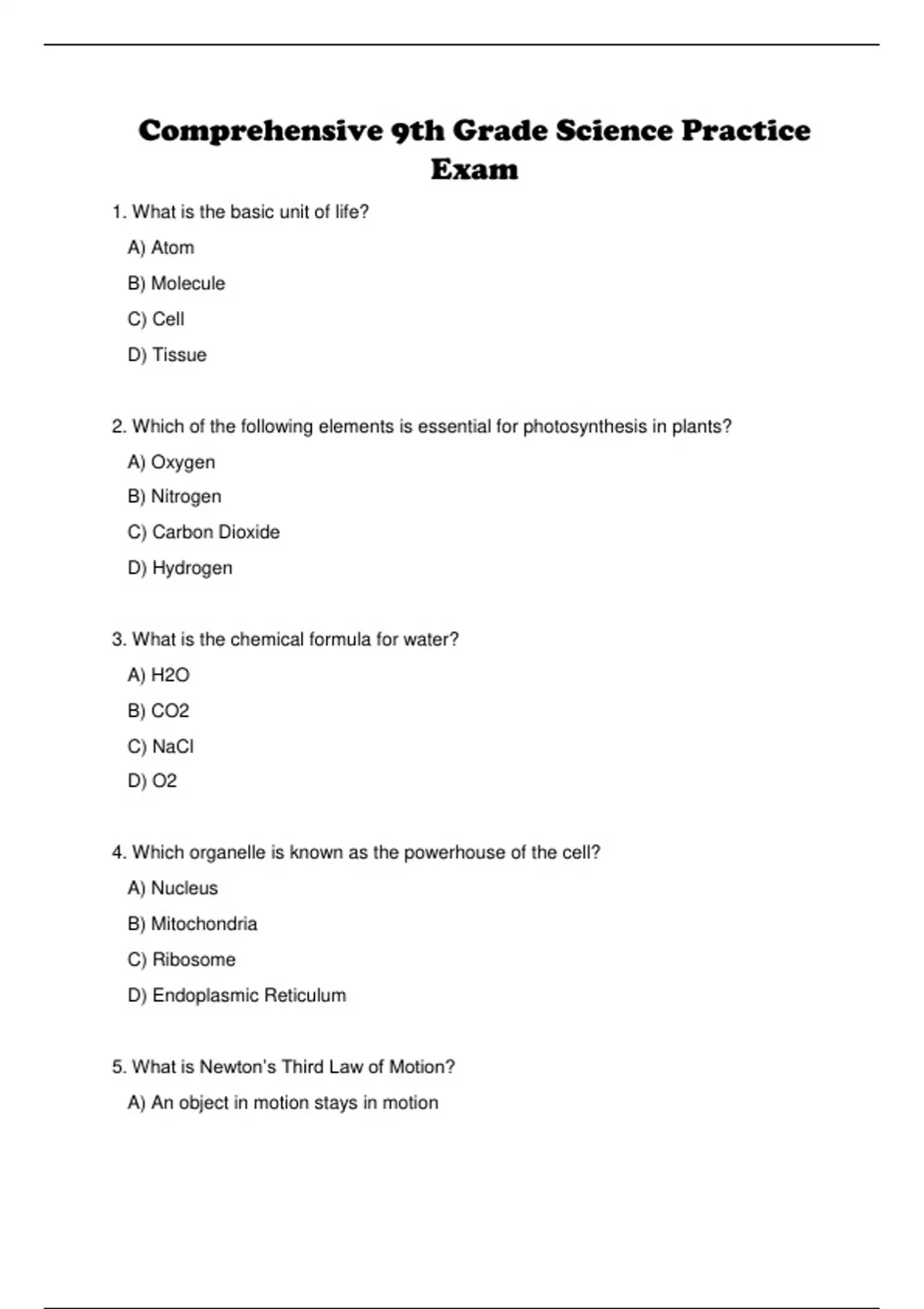 Comprehensive 9th Grade Science Practice Exam - Science - Stuvia US