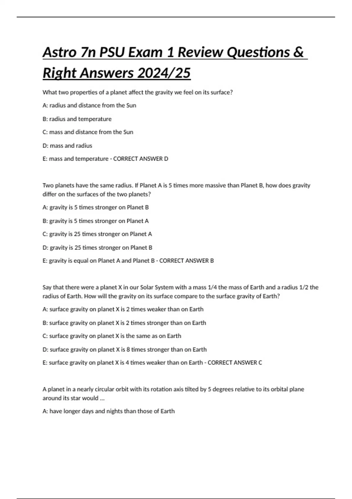 Astro 7n PSU Exam 1 Review Questions & Right Answers 2024/25 - Astro 7n ...