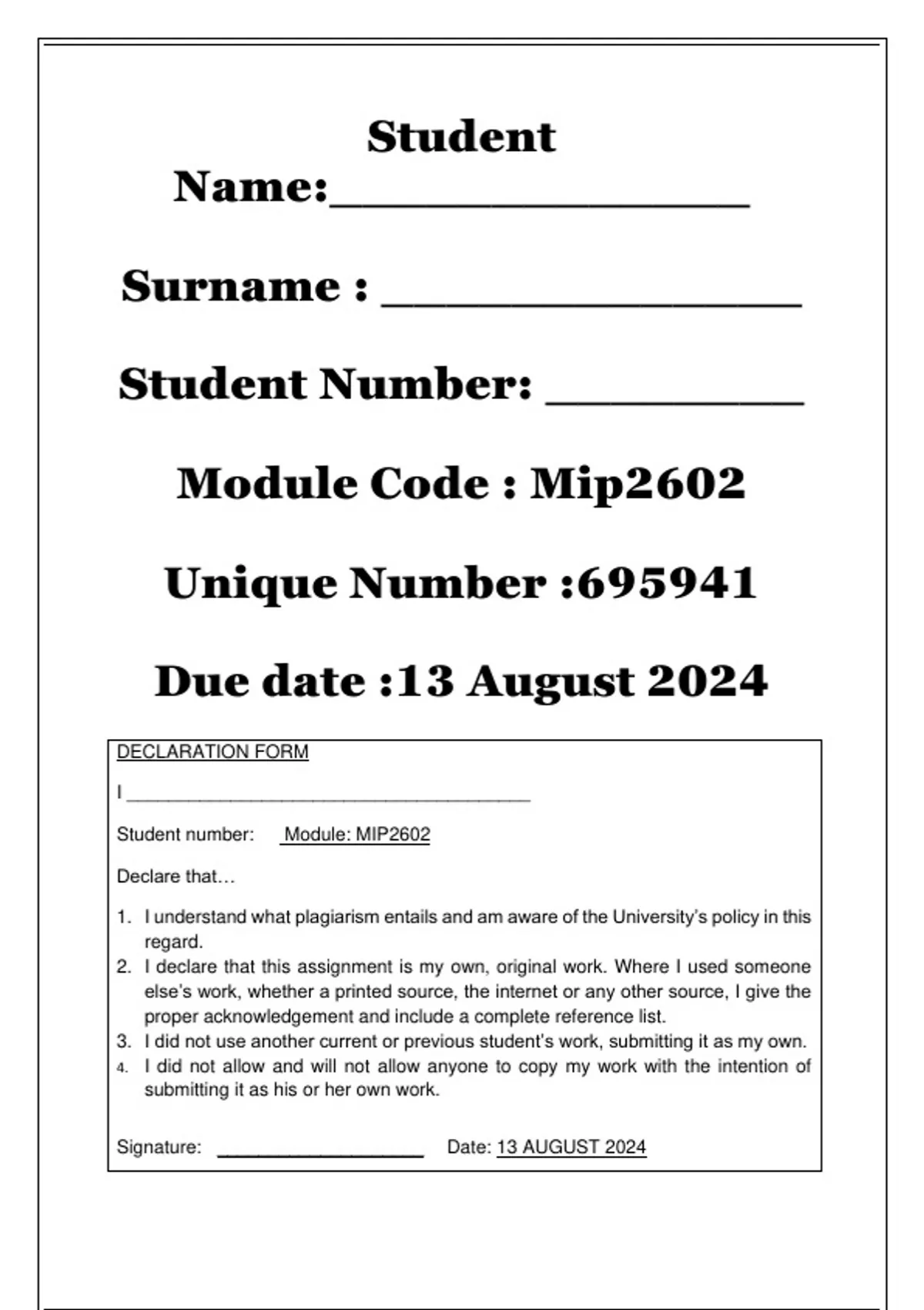 MIP2602 assignment 4 due 13 Aug 2024 - MIP 2602 (MIP2602) - Stuvia US