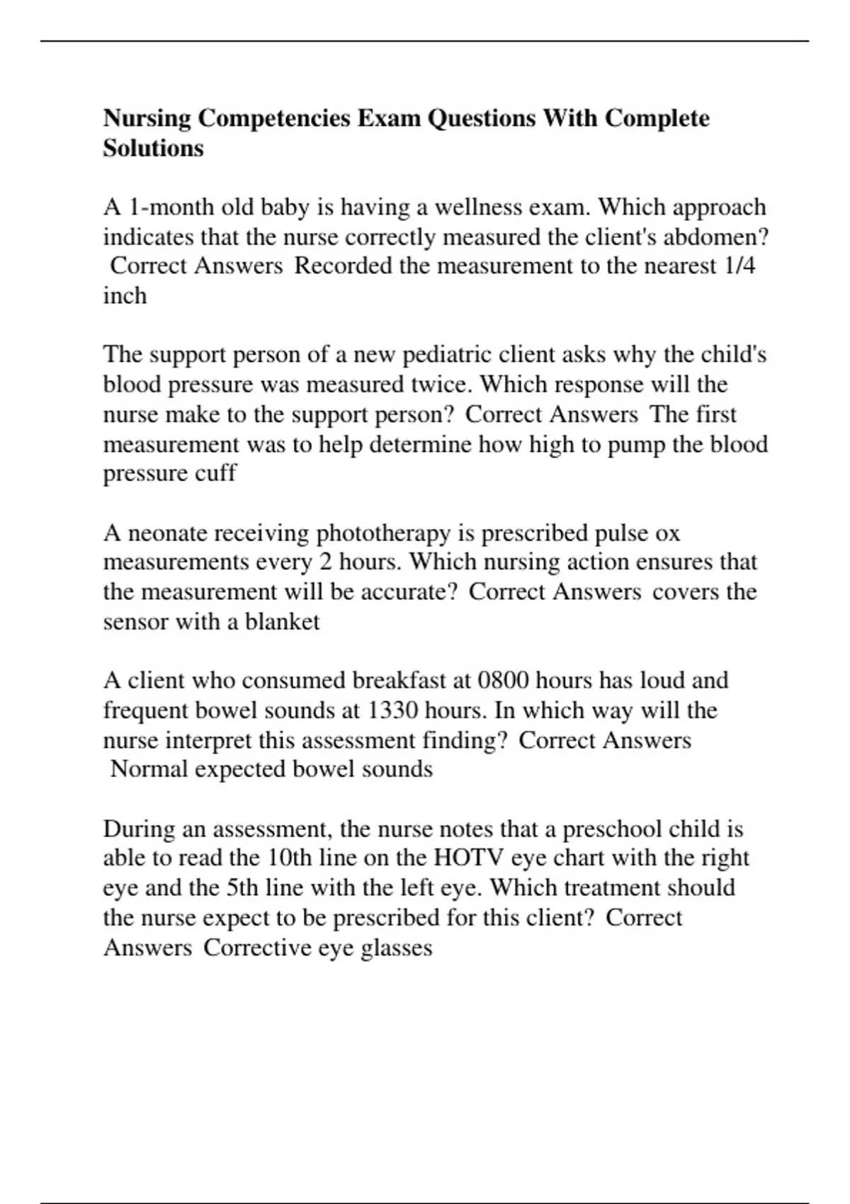 Nursing Competencies Exam Questions With Complete Solutions - Nursing ...