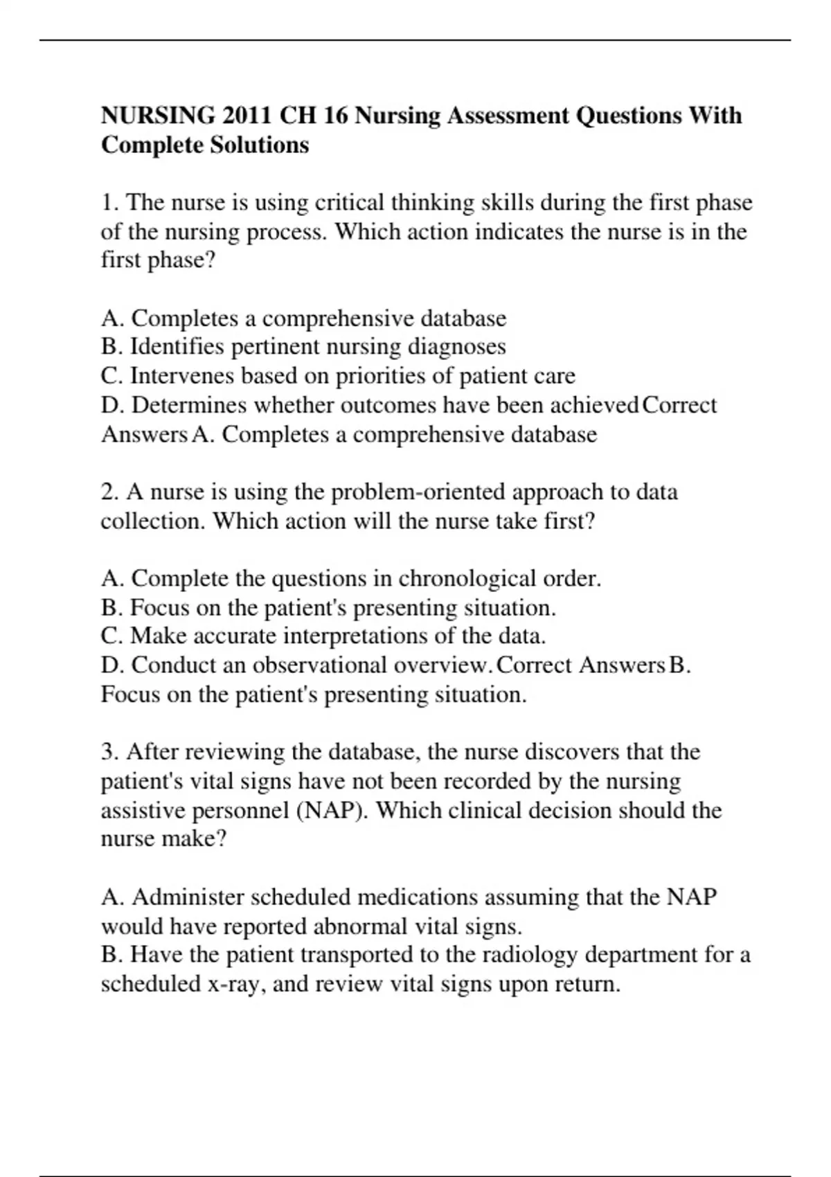 NURSING 2011 CH 16 Nursing Assessment Questions With Complete Solutions ...