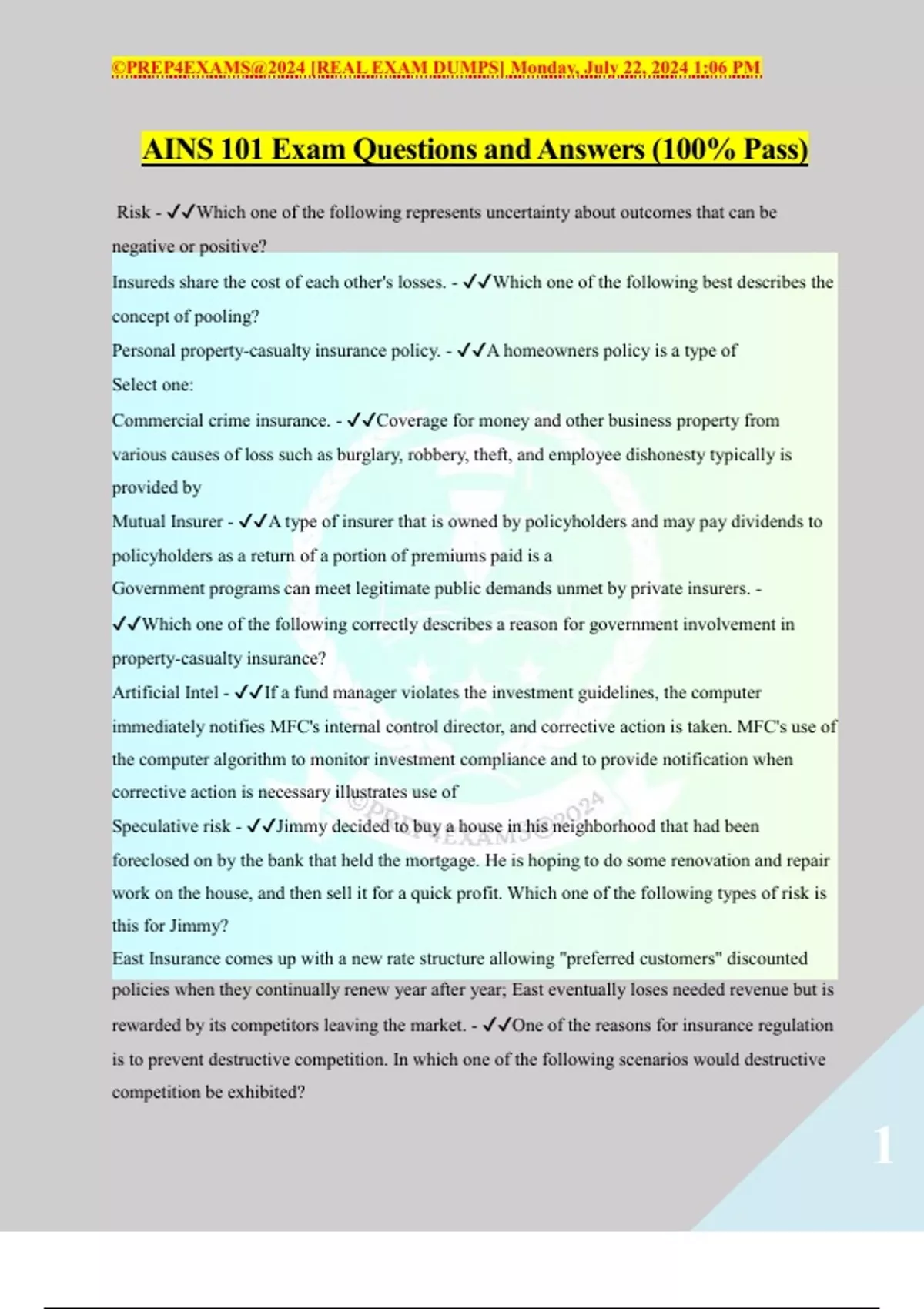 AINS 101 Exam Questions and Answers (100% Pass) - AINS 101 - Stuvia US