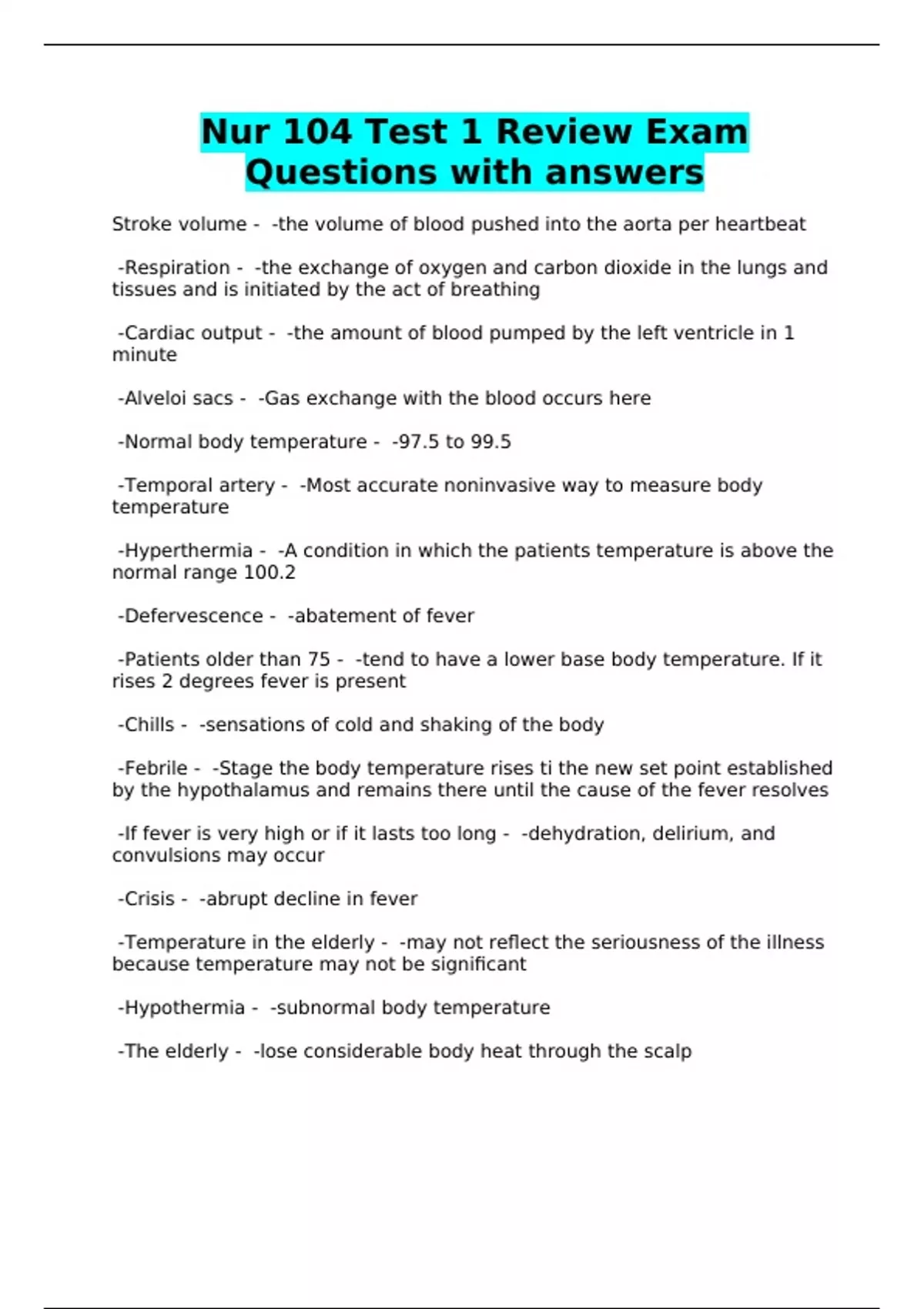 Nur 104 Test 1 Review Exam Questions with answers - Nur 104 Test 1 ...