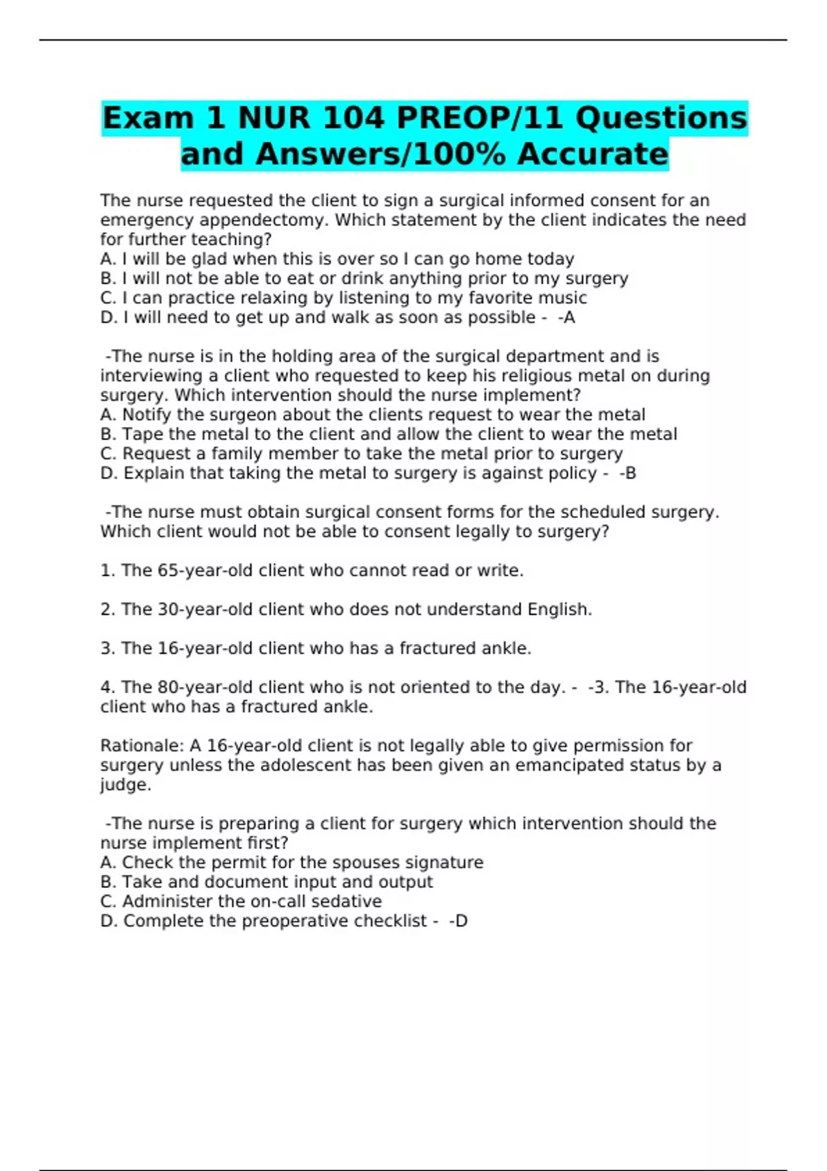 Exam 1 NUR 104 PREOP/11 Questions and Answers/100% Accurate - Exam 1 ...