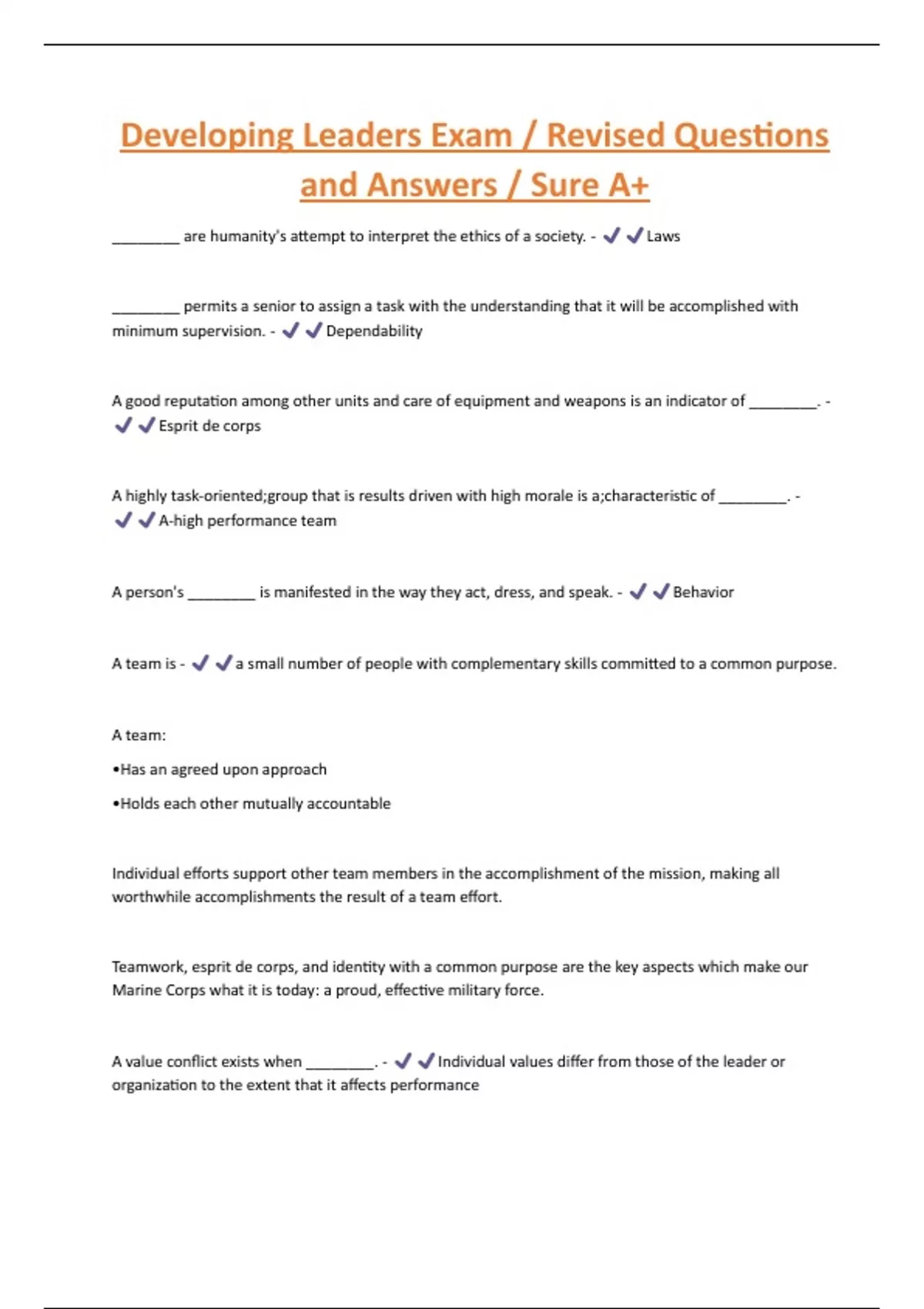 Developing Leaders Exam / Revised Questions and Answers / Sure A+ ...