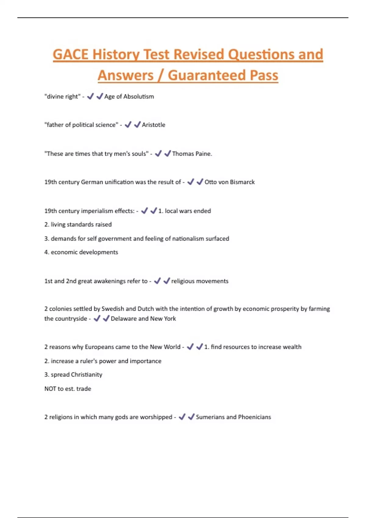 GACE History Test Revised Questions and Answers / Guaranteed Pass ...