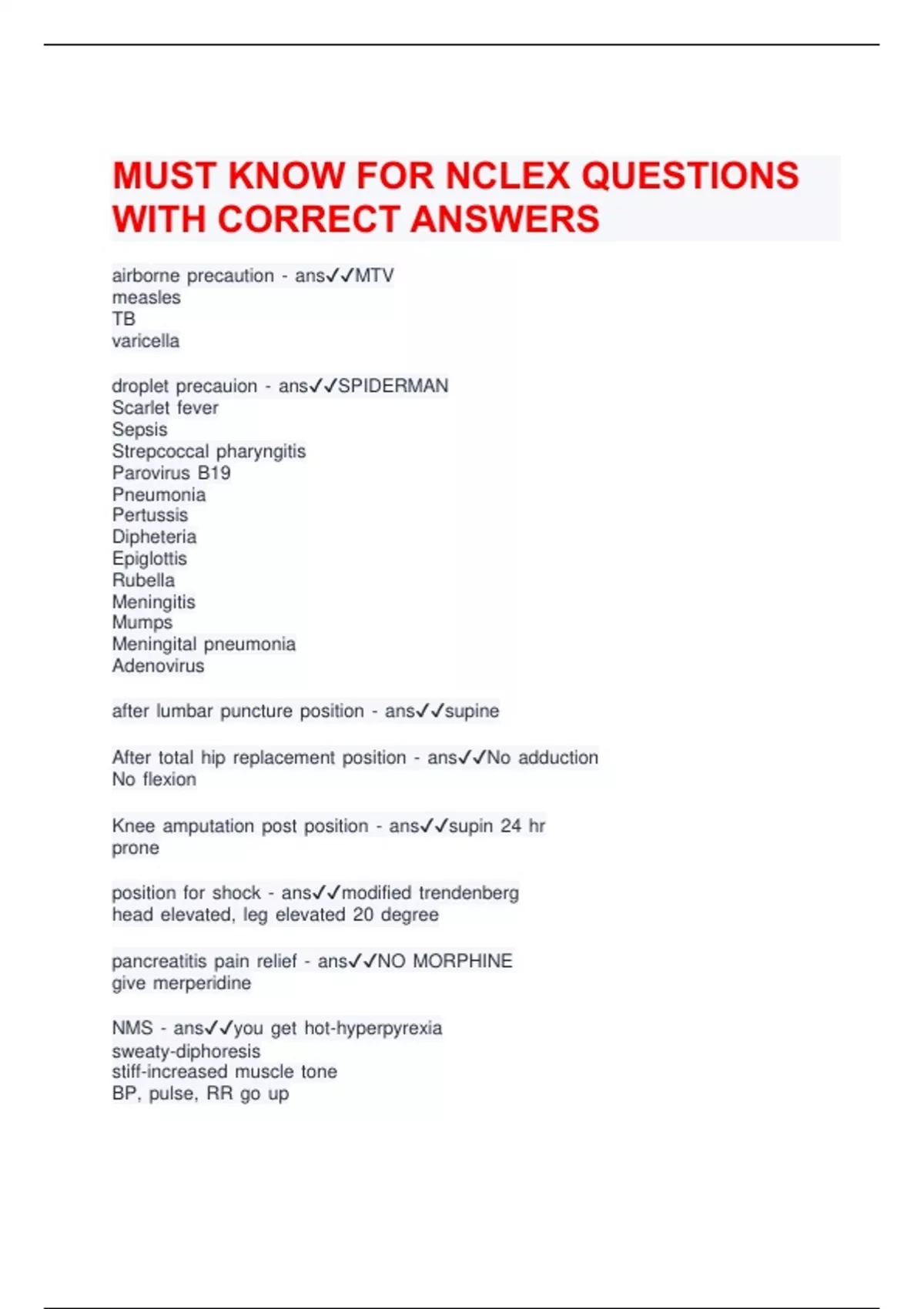 MUST KNOW FOR NCLEX QUESTIONS WITH CORRECT ANSWERS - NCLEX-RN - Stuvia US