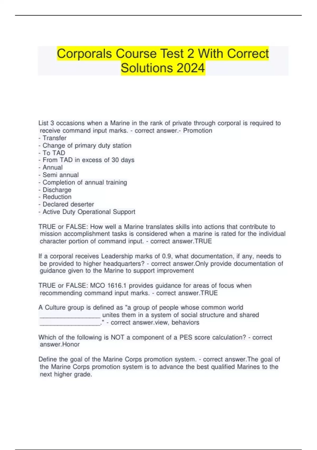Corporals Course Test 2 With Correct Solutions 2024 Corporals Stuvia Us