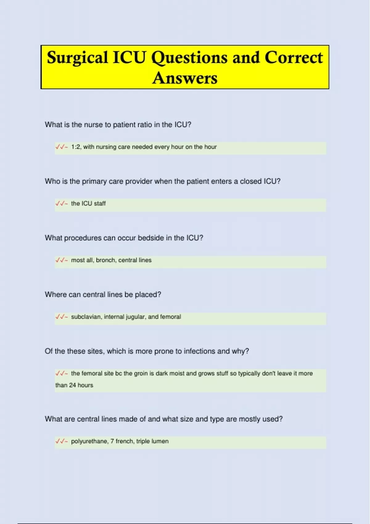 Surgical ICU Questions and Correct Answers - Surgical ICU - Stuvia US