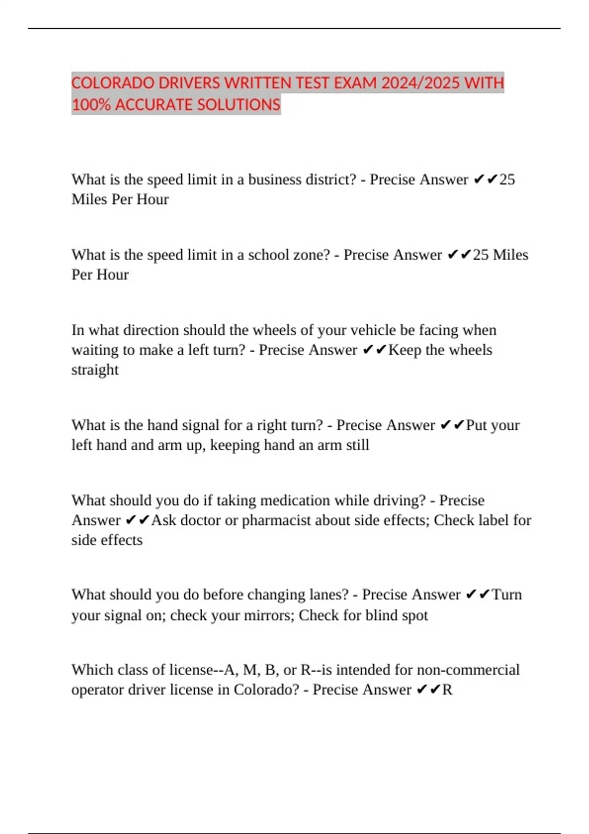 COLORADO DRIVERS WRITTEN TEST EXAM 2024/2025 WITH 100% ACCURATE ...