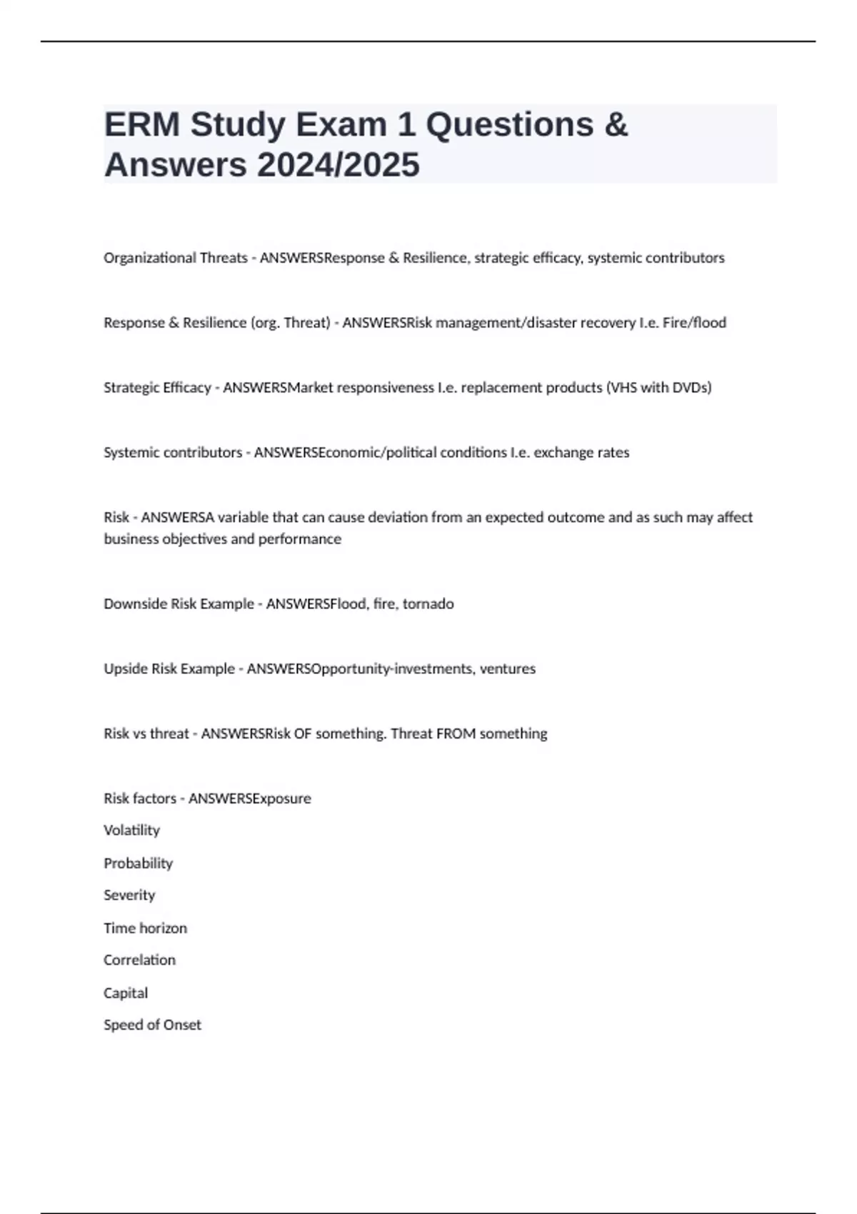ERM Study Exam 1 Questions & Answers 2024/2025 - ERM - Stuvia US