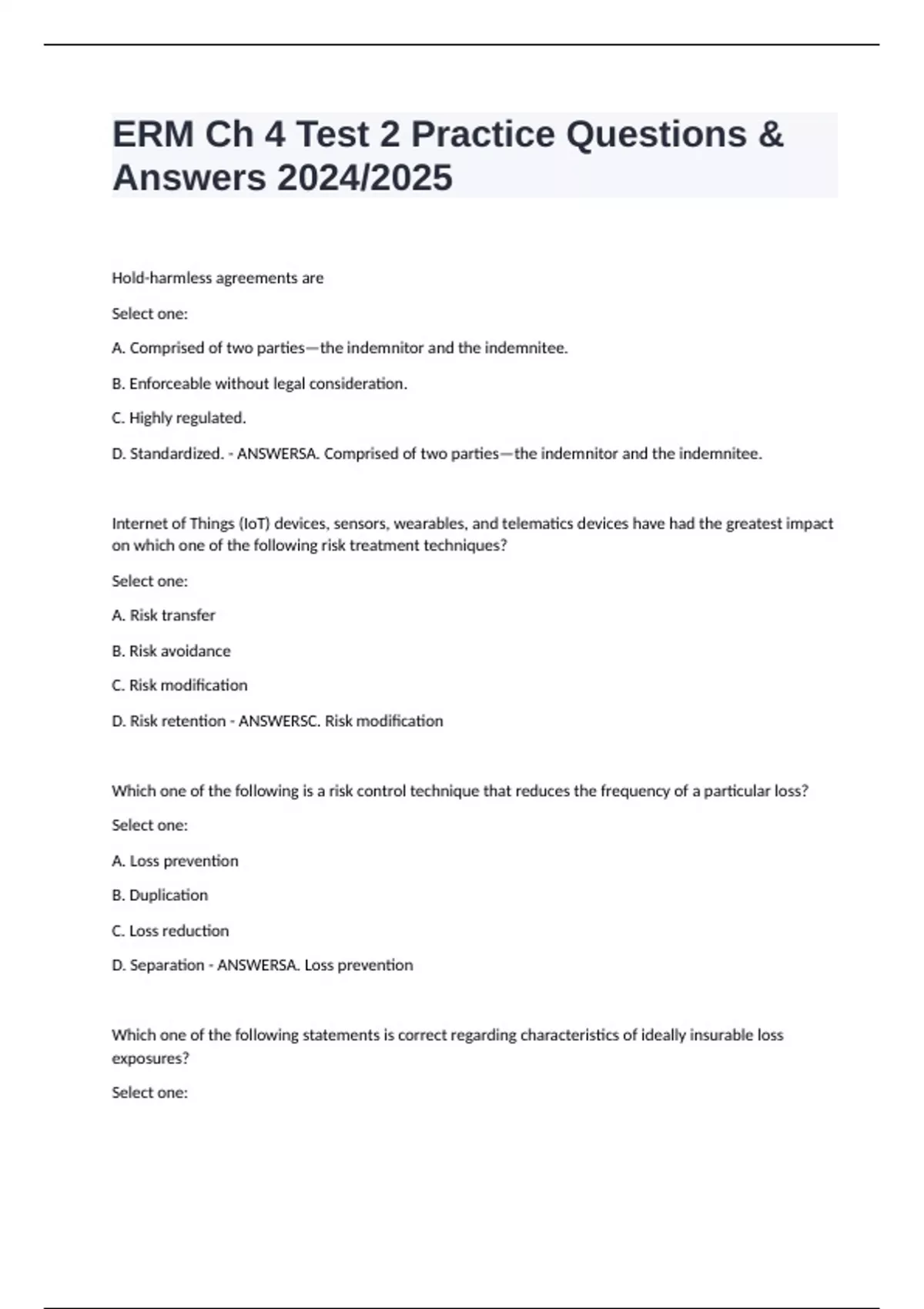 ERM Ch 4 Test 2 Practice Questions & Answers 2024/2025 - ERM Ch 4 ...