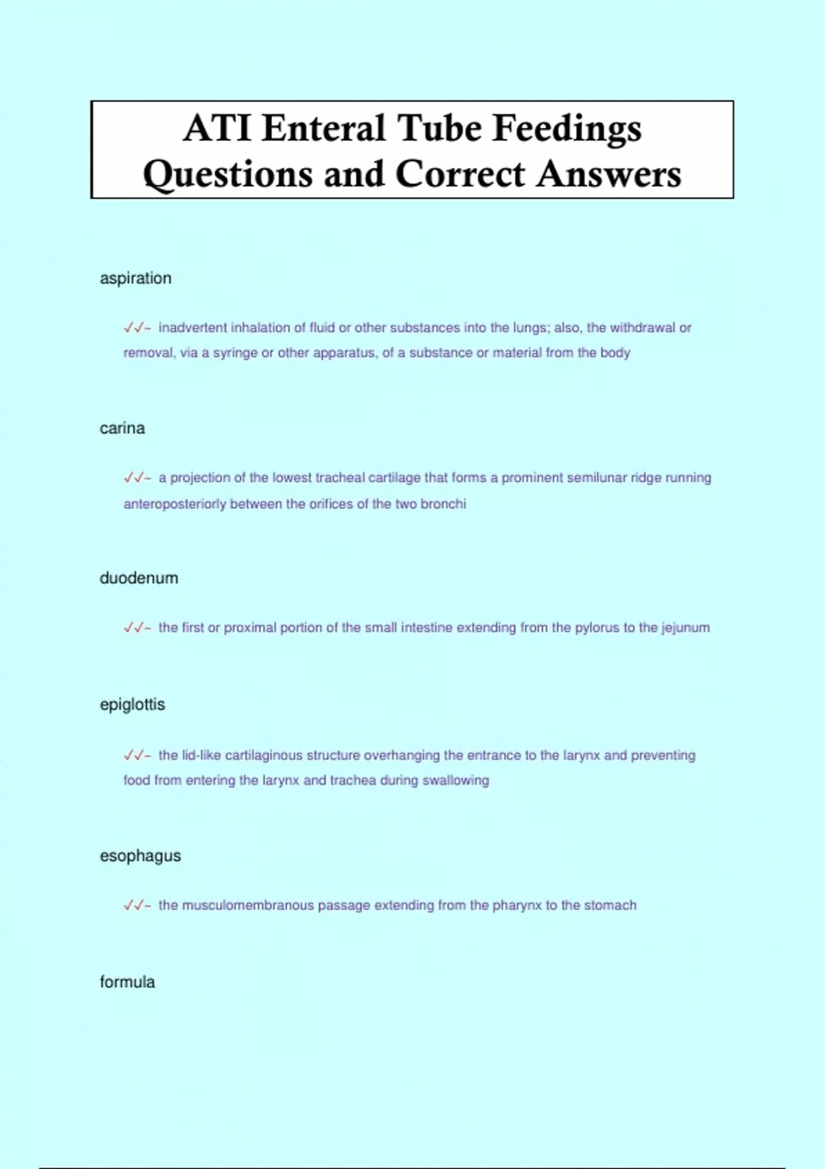 ATI Enteral Tube Feedings Questions and Correct Answers - ATI - Stuvia US