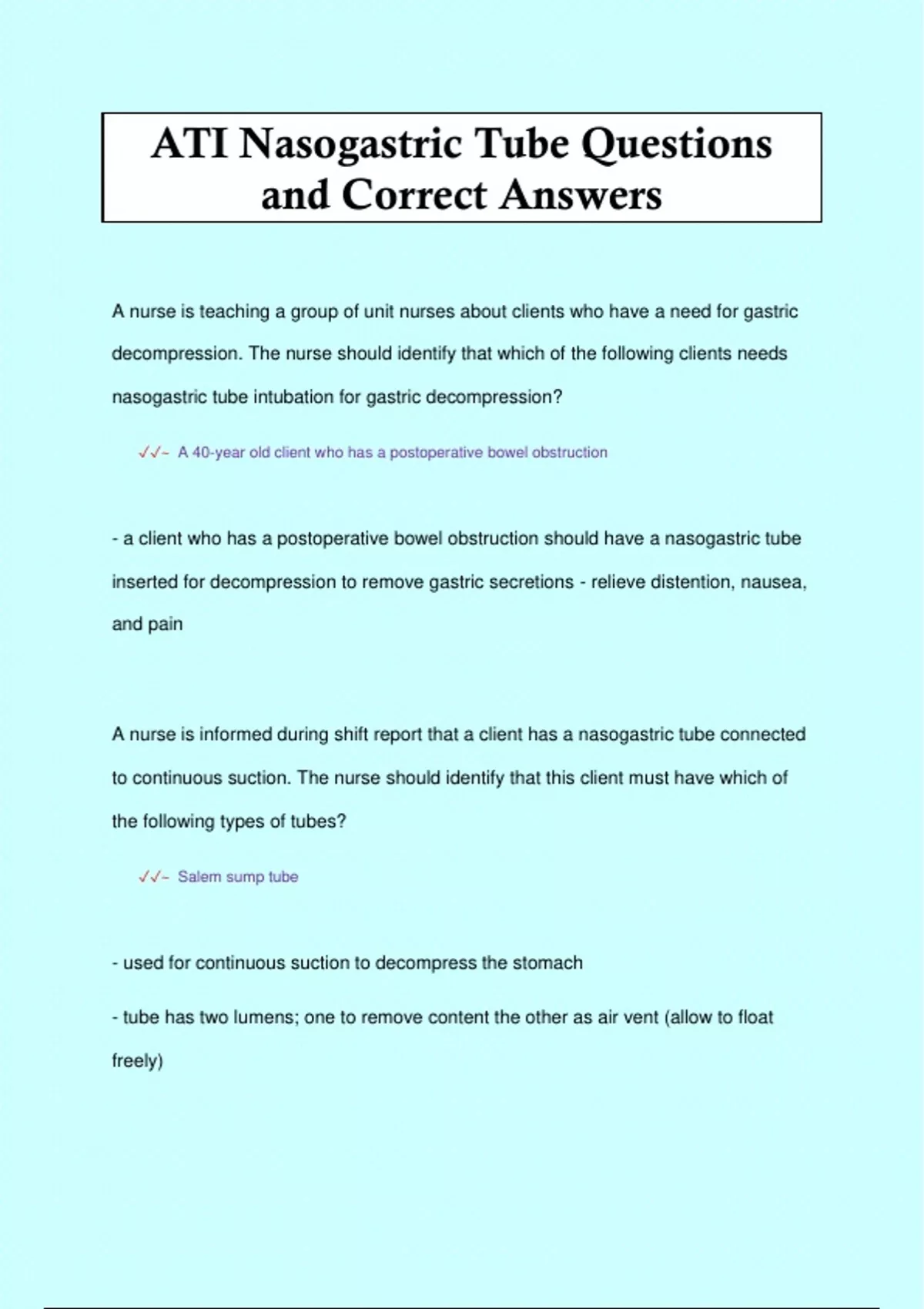 ATI Nasogastric Tube Questions and Correct Answers - ATI - Stuvia US