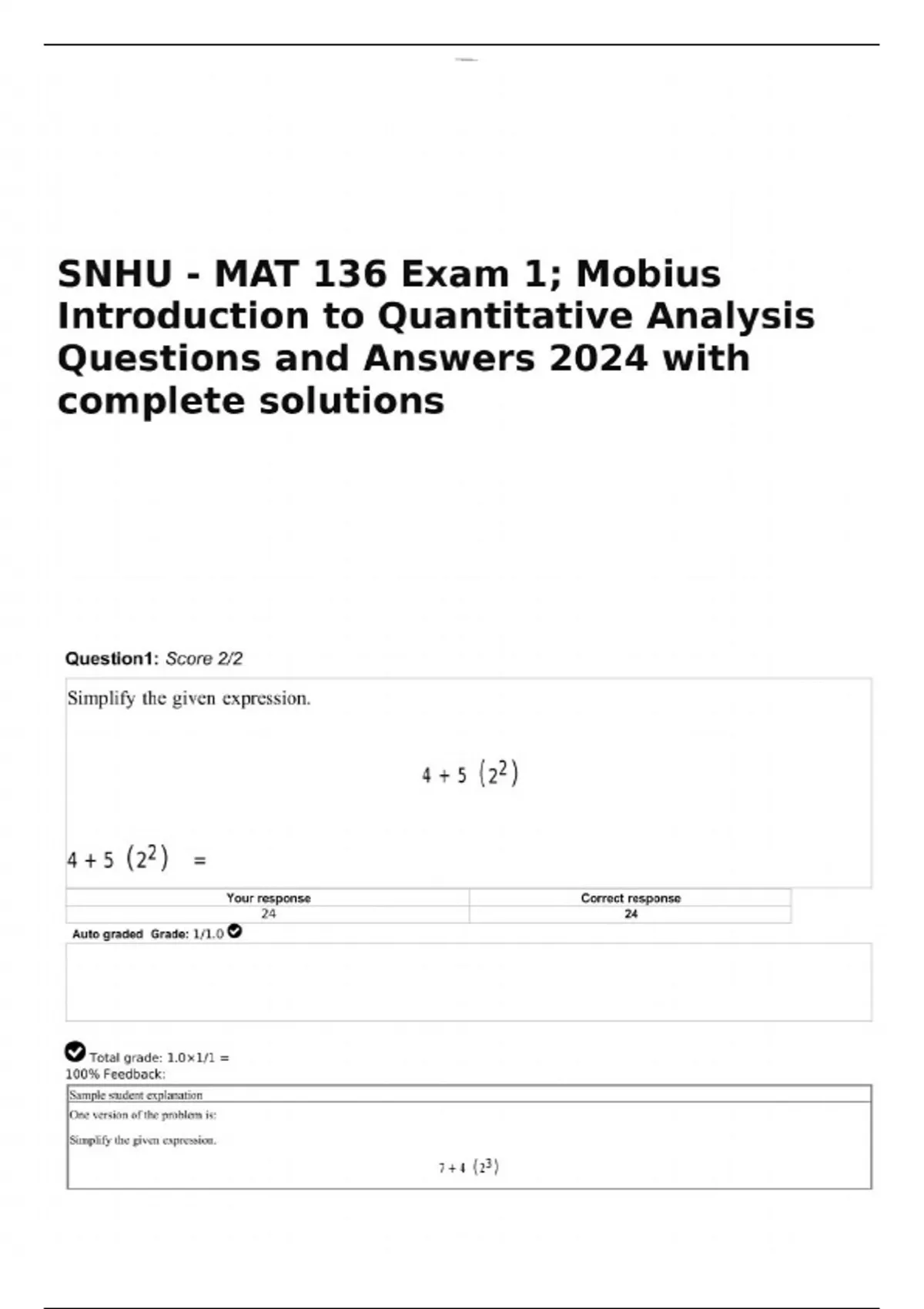 MAT 136 Exam 1; Mobius Introduction to Quantitative Analysis Questions and Answers 2024 with ...
