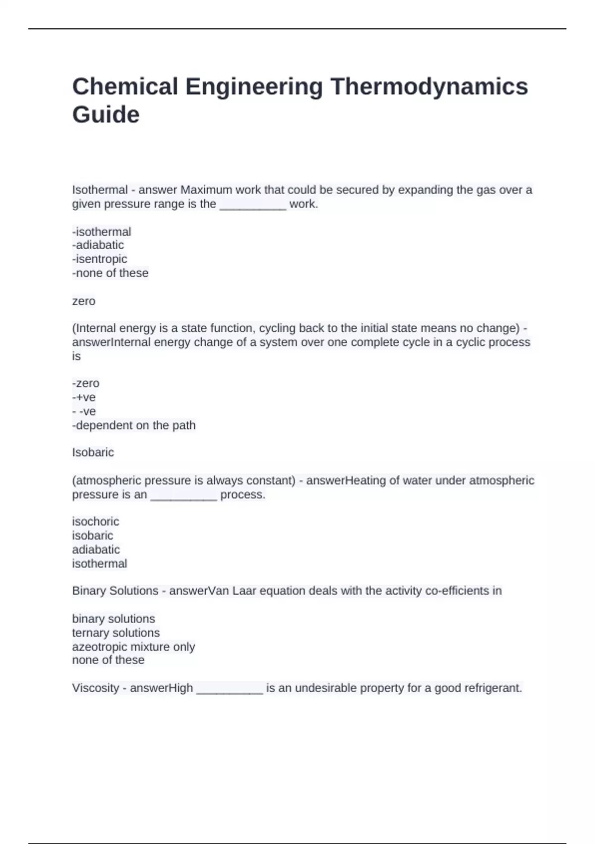Chemical Engineering Thermodynamics Guide Questions and Answers 2024 ...