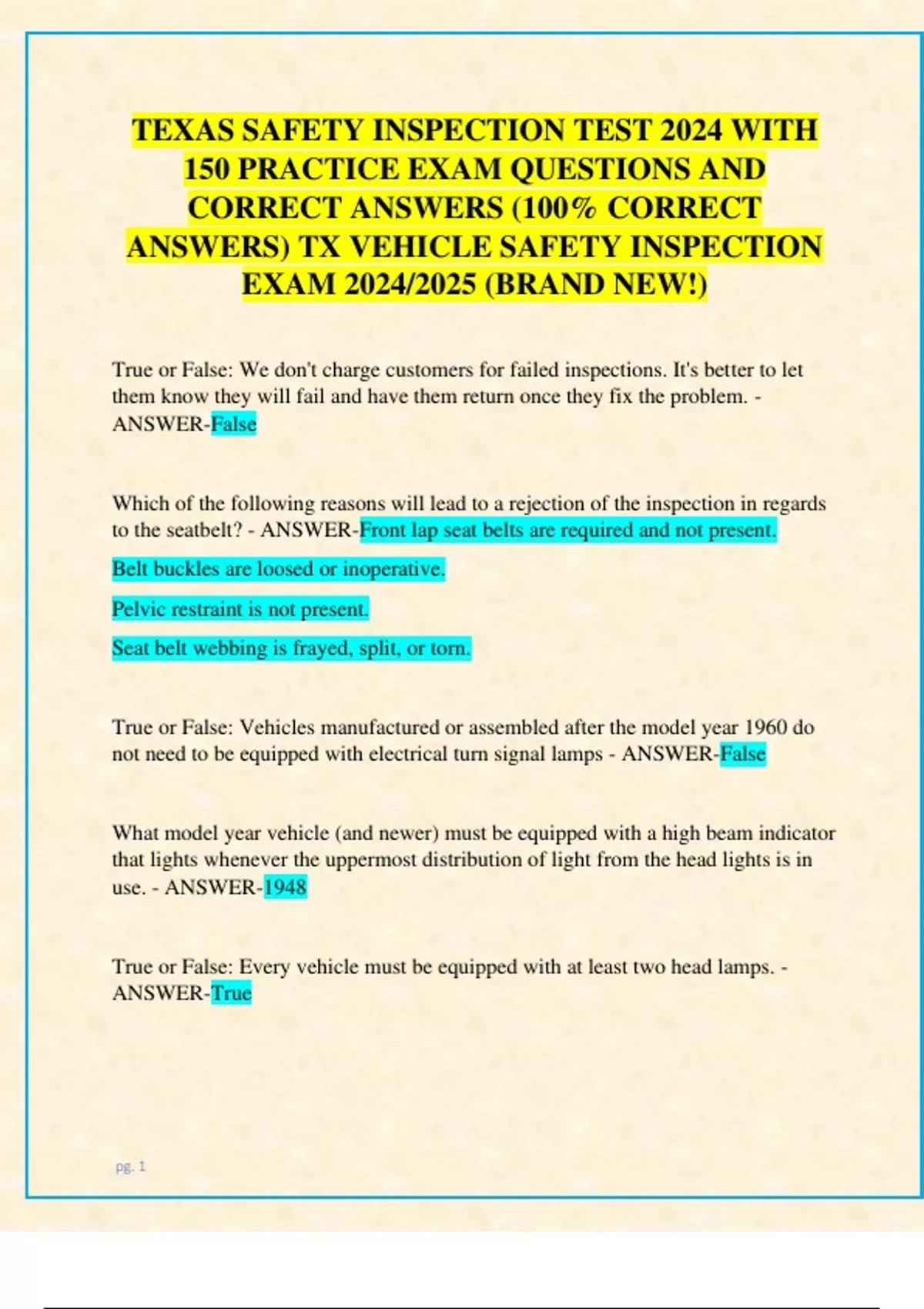 TEXAS SAFETY INSPECTION TEST 2024 WITH 150 PRACTICE EXAM QUESTIONS AND ...