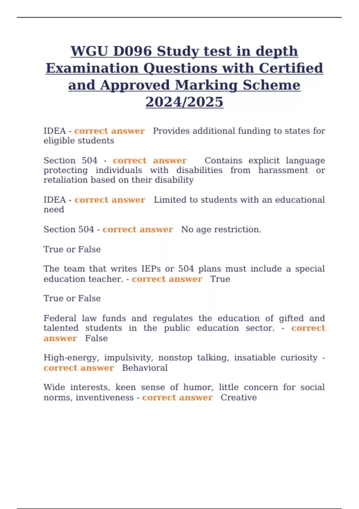 WGU D096 Study test in depth Examination Questions with Certified and ...