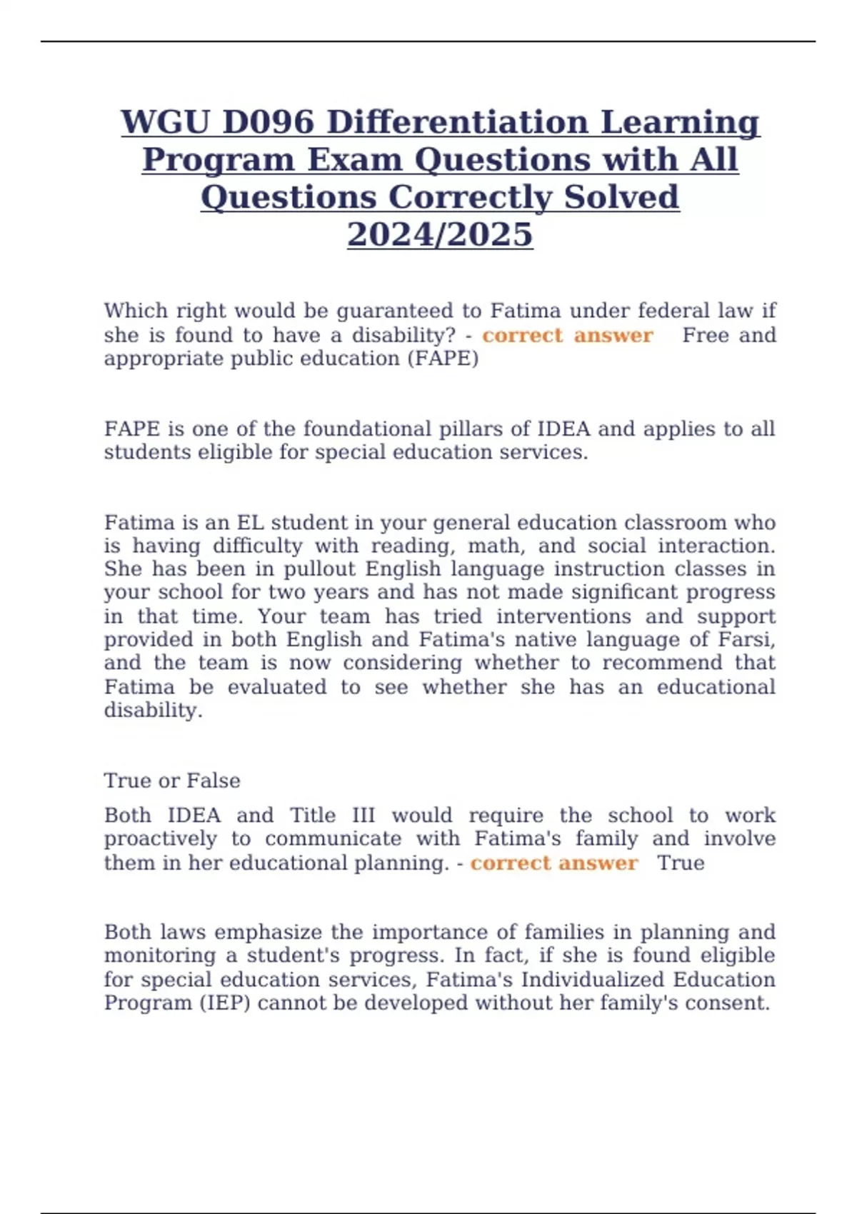 WGU D096 Differentiation Learning Program Exam Questions with All Questions Correctly Solved ...