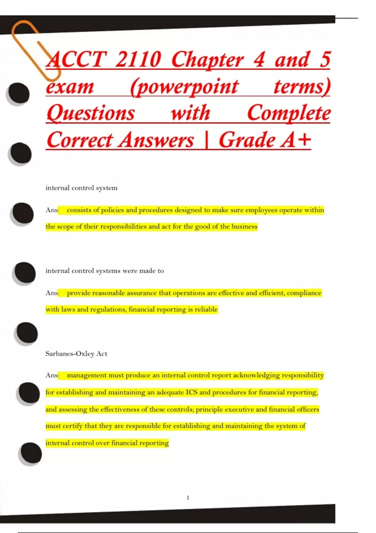 ACCT 2110 Chapter 4 and 5 exam (powerpoint terms) Questions with ...