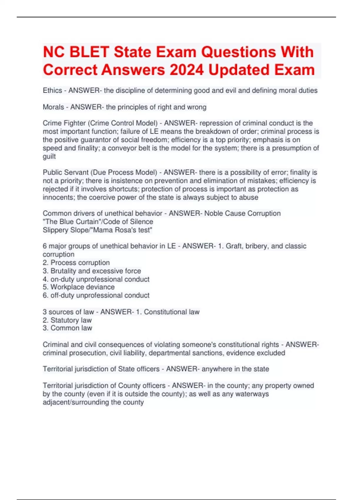 NC BLET State Exam Questions With Correct Answers 2024 Updated Exam ...