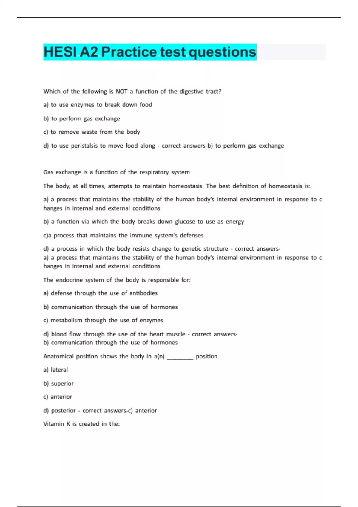 HESI A2 Practice test questions - Hesi A2 - Stuvia US