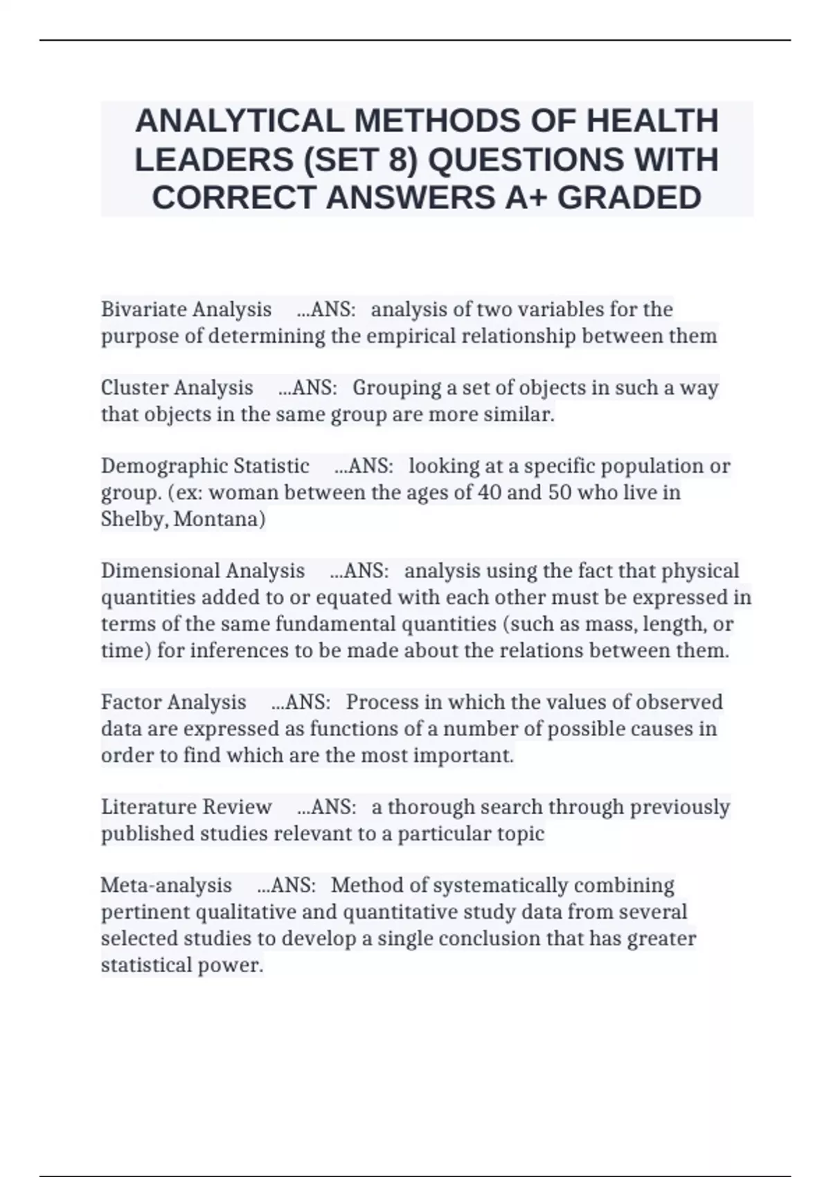 ANALYTICAL METHODS OF HEALTH LEADERS (SET 8) QUESTIONS WITH CORRECT ...