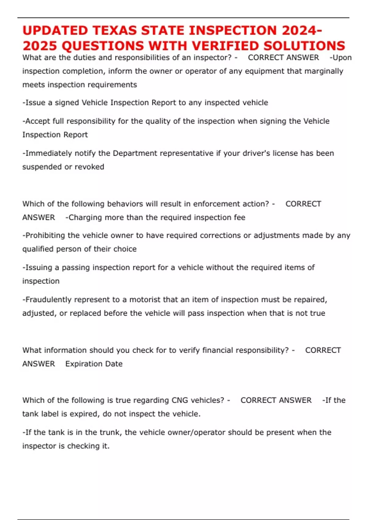 UPDATED TEXAS STATE INSPECTION QUESTIONS WITH VERIFIED SOLUTIONS ...