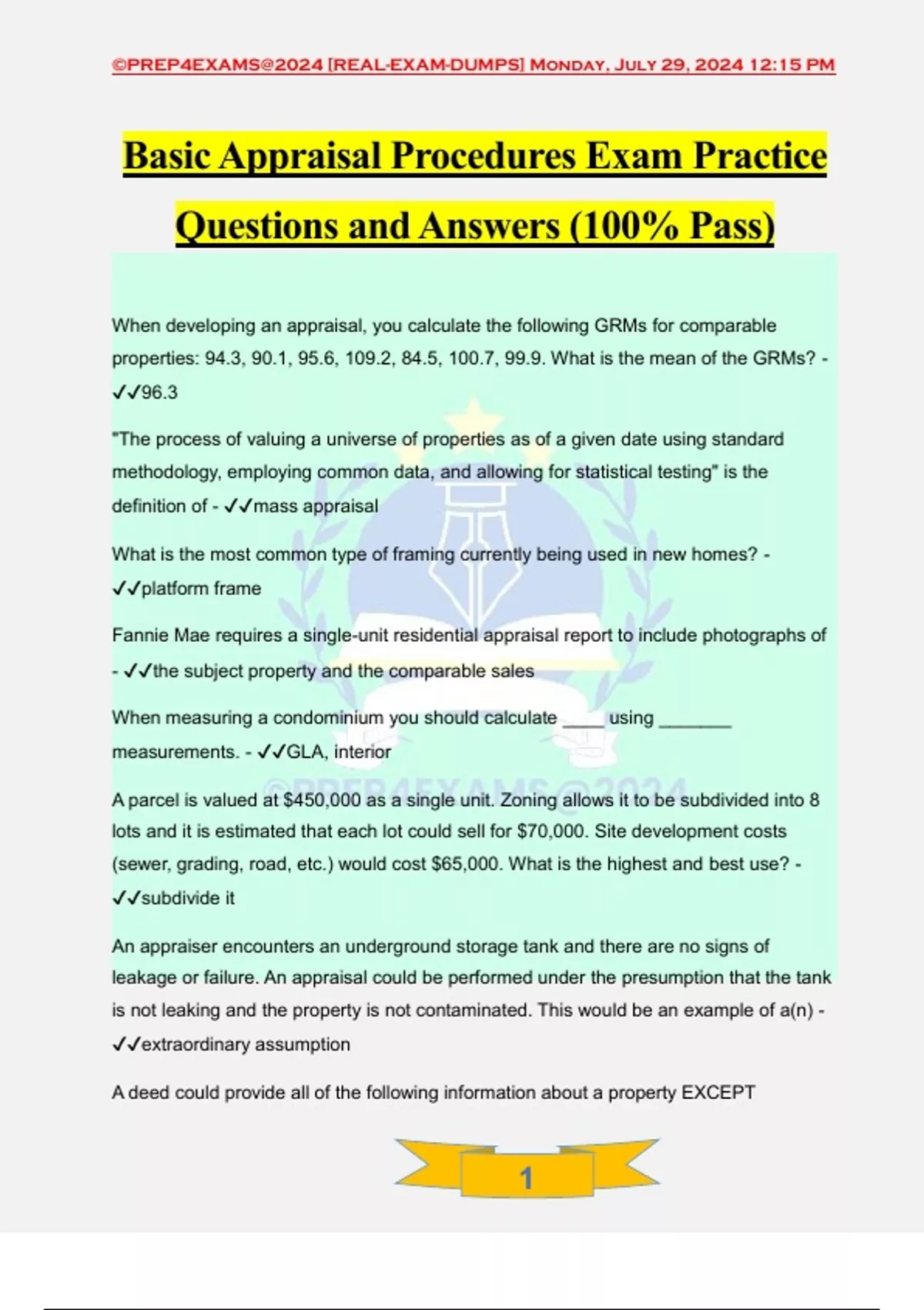 Basic Appraisal Procedures Exam Practice Questions and Answers (100% ...
