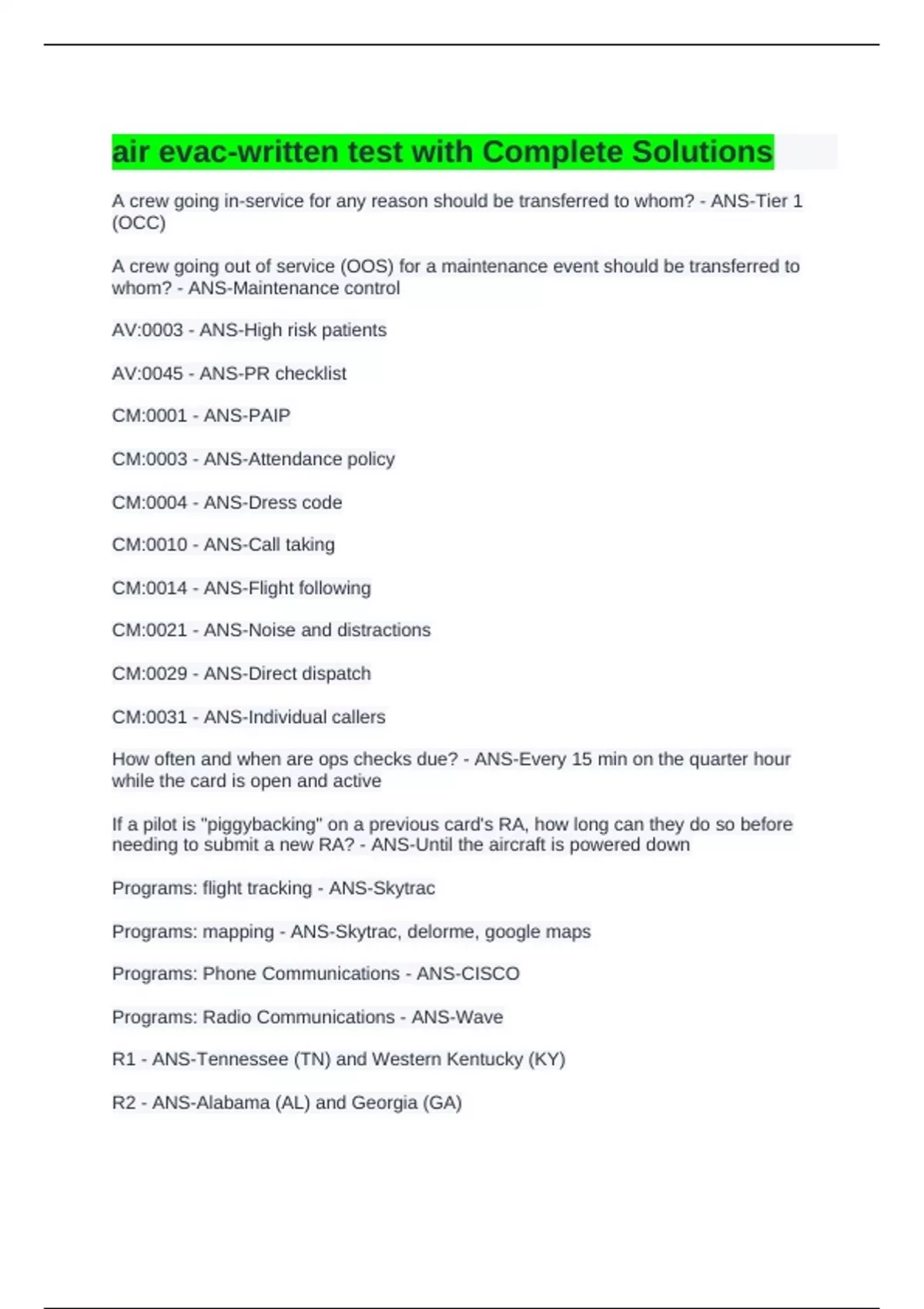 air evac-written test with Complete Solutions - Air evacuation - Stuvia US