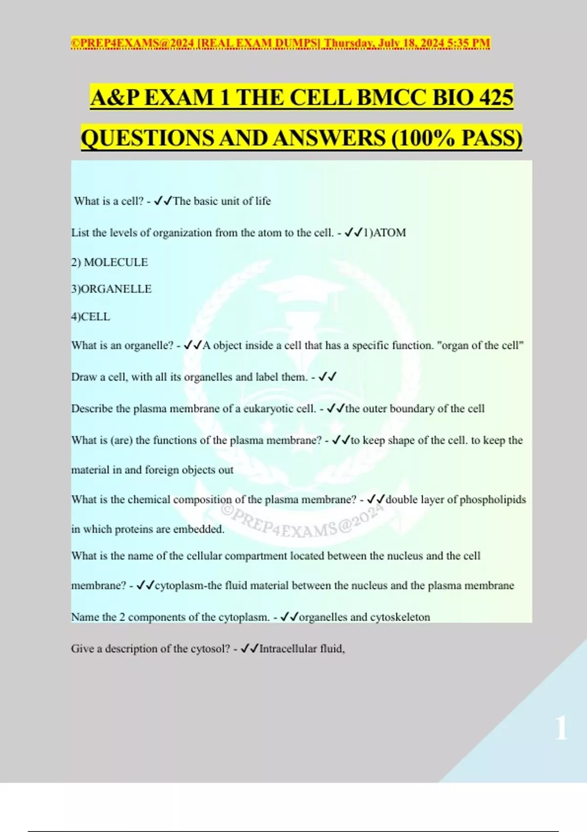 A&P EXAM 1 THE CELL BMCC BIO 425 QUESTIONS AND ANSWERS (100% PASS ...
