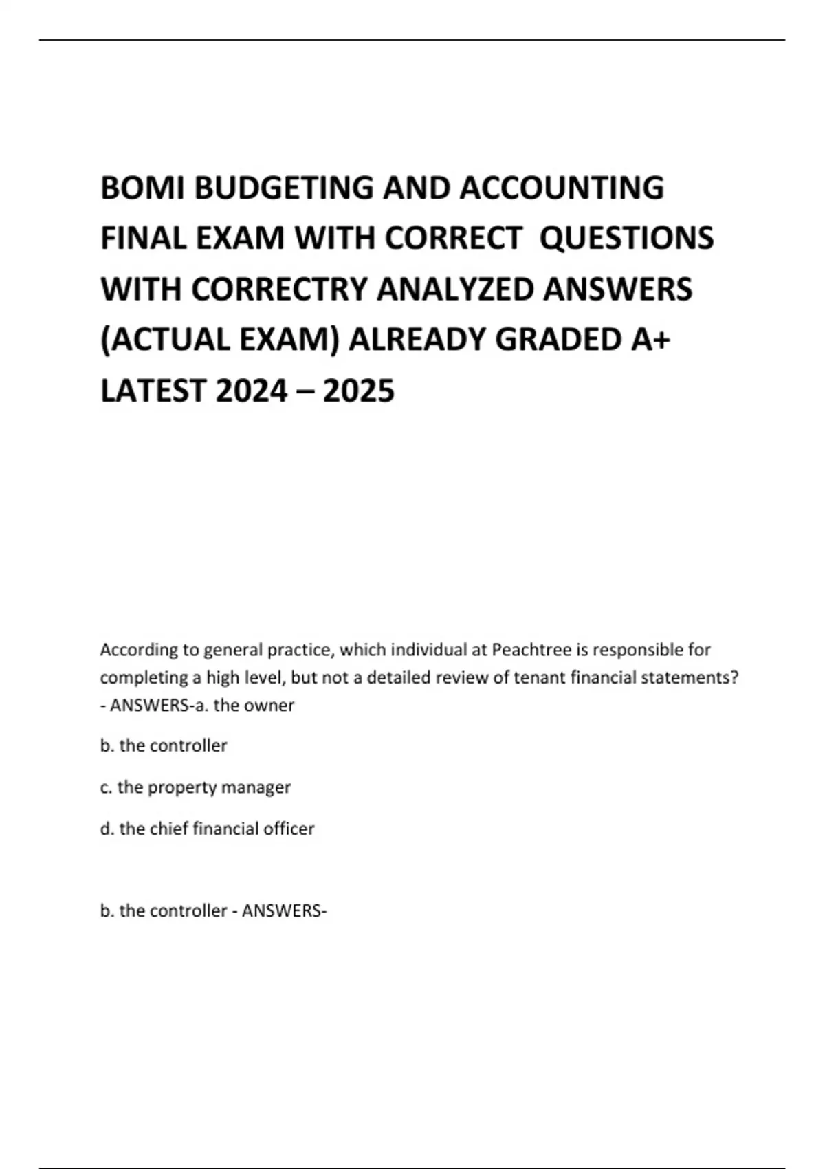 BOMI BUDGETING AND ACCOUNTING FINAL EXAM WITH CORRECT QUESTIONS WITH ...