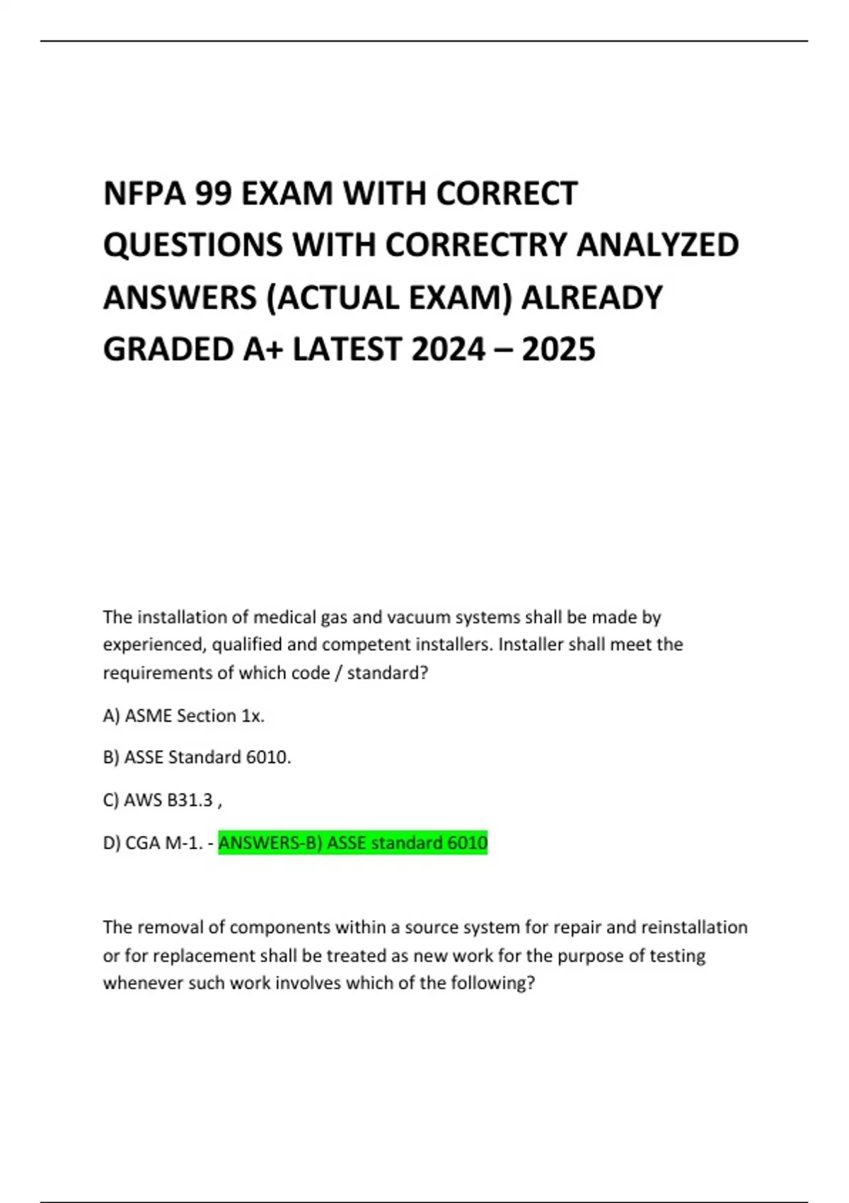 NFPA 99 EXAM WITH CORRECT QUESTIONS WITH CORRECTRY ANALYZED ANSWERS ...