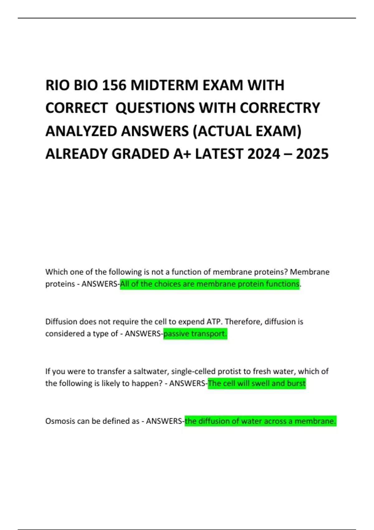 RIO BIO 156 MIDTERM EXAM WITH CORRECT QUESTIONS WITH CORRECTRY ANALYZED ANSWERS (ACTUAL EXAM ...