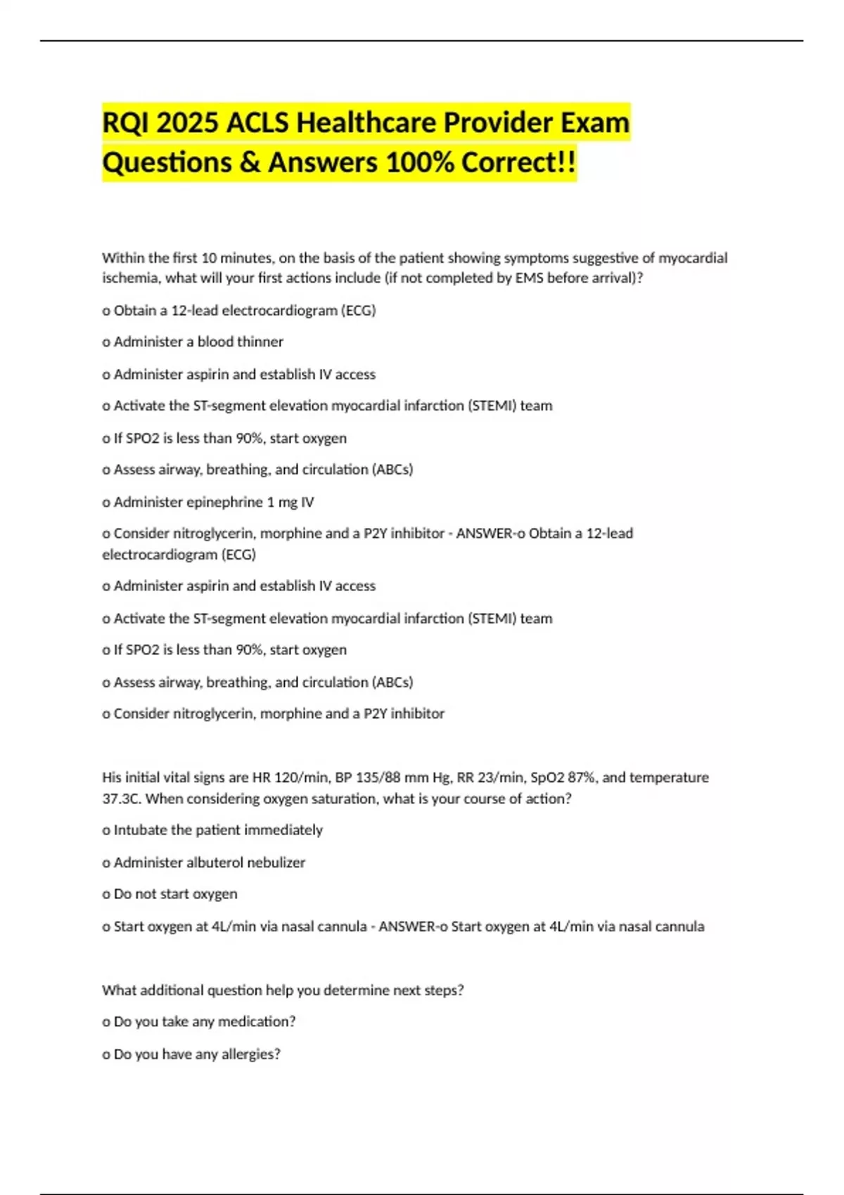 RQI 2025 ACLS Healthcare Provider Exam Questions & Answers 100% Correct ...