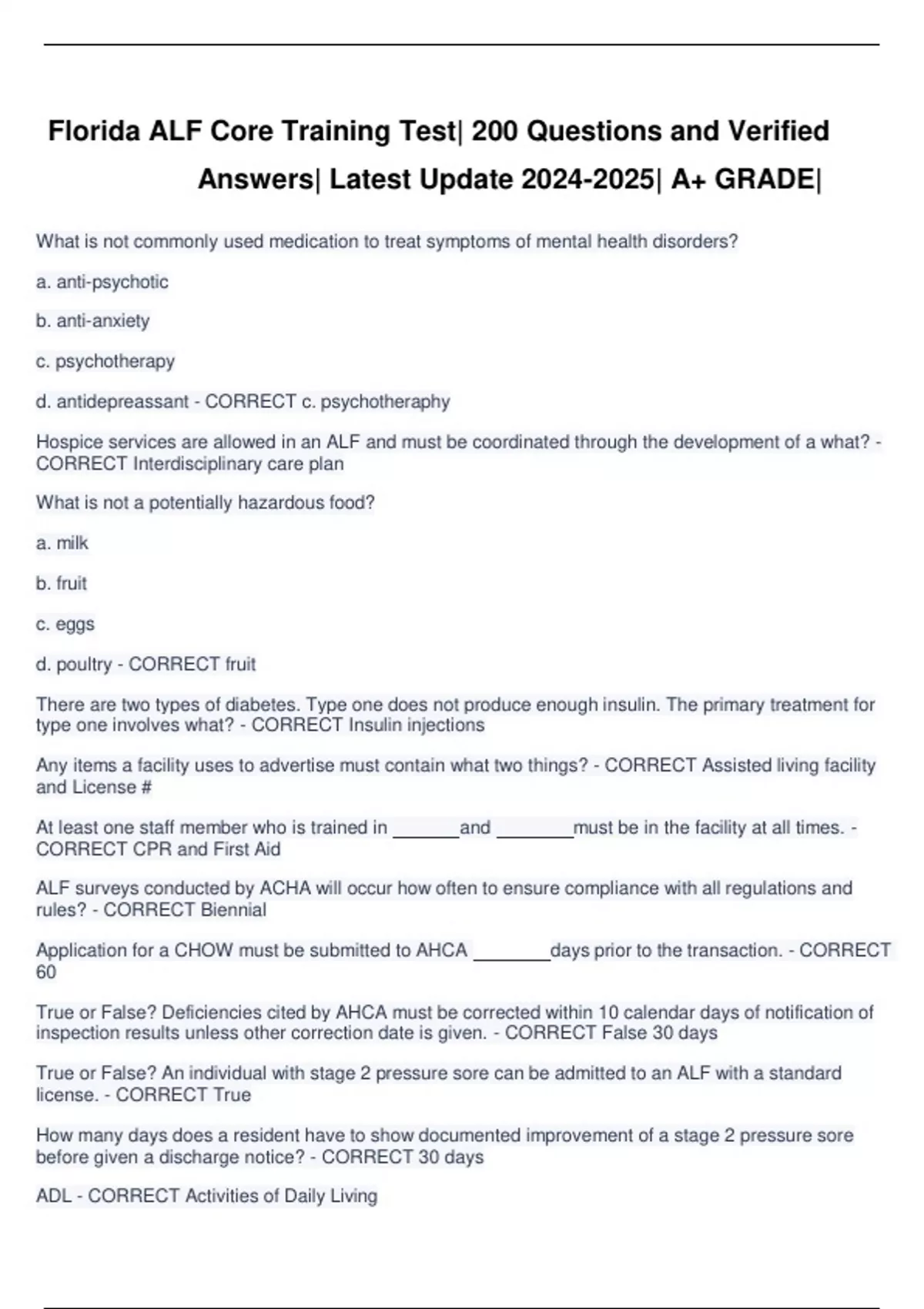 Florida ALF Core Training Test| 200 Questions and Verified Answers ...