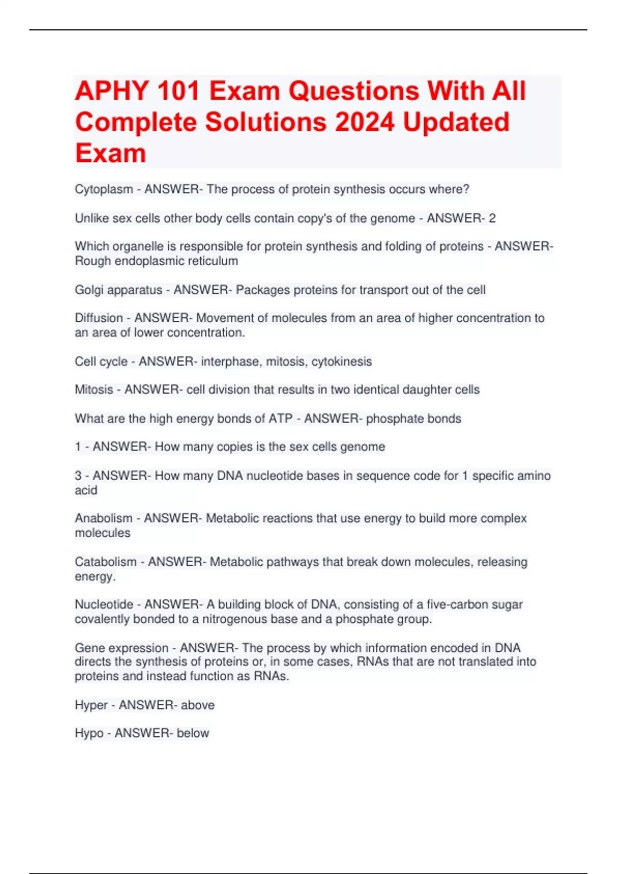 APHY 101 Exam Questions With All Complete Solutions 2024 Updated Exam ...