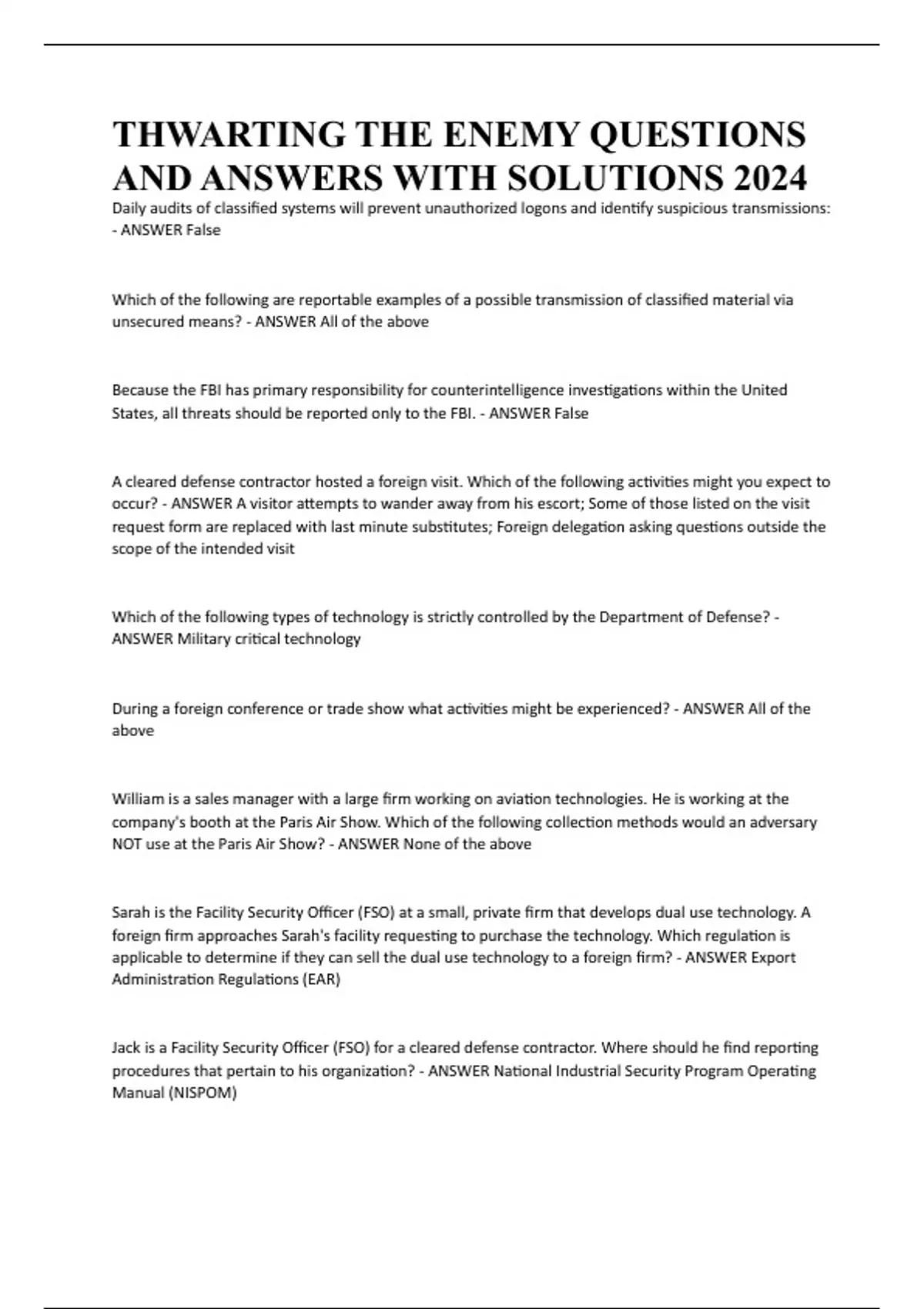 THWARTING THE ENEMY QUESTIONS AND ANSWERS WITH SOLUTIONS 2024 - FSO ...