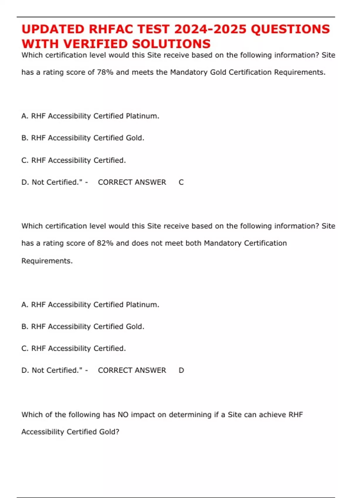 UPDATED RHFAC TEST QUESTIONS WITH VERIFIED SOLUTIONS - RHFAC - Stuvia US