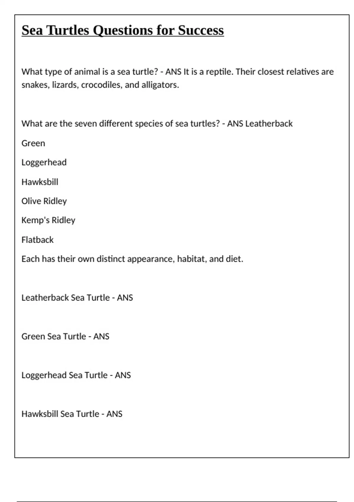 Sea Turtles Questions for Success - Sea turtle - Stuvia US