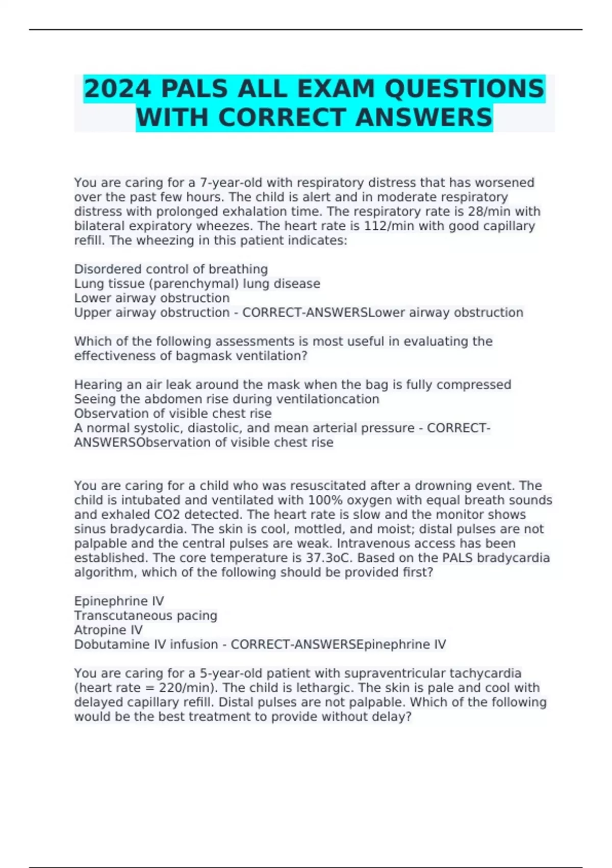 2024 PALS ALL EXAM QUESTIONS WITH CORRECT ANSWERS - Pals - Stuvia US