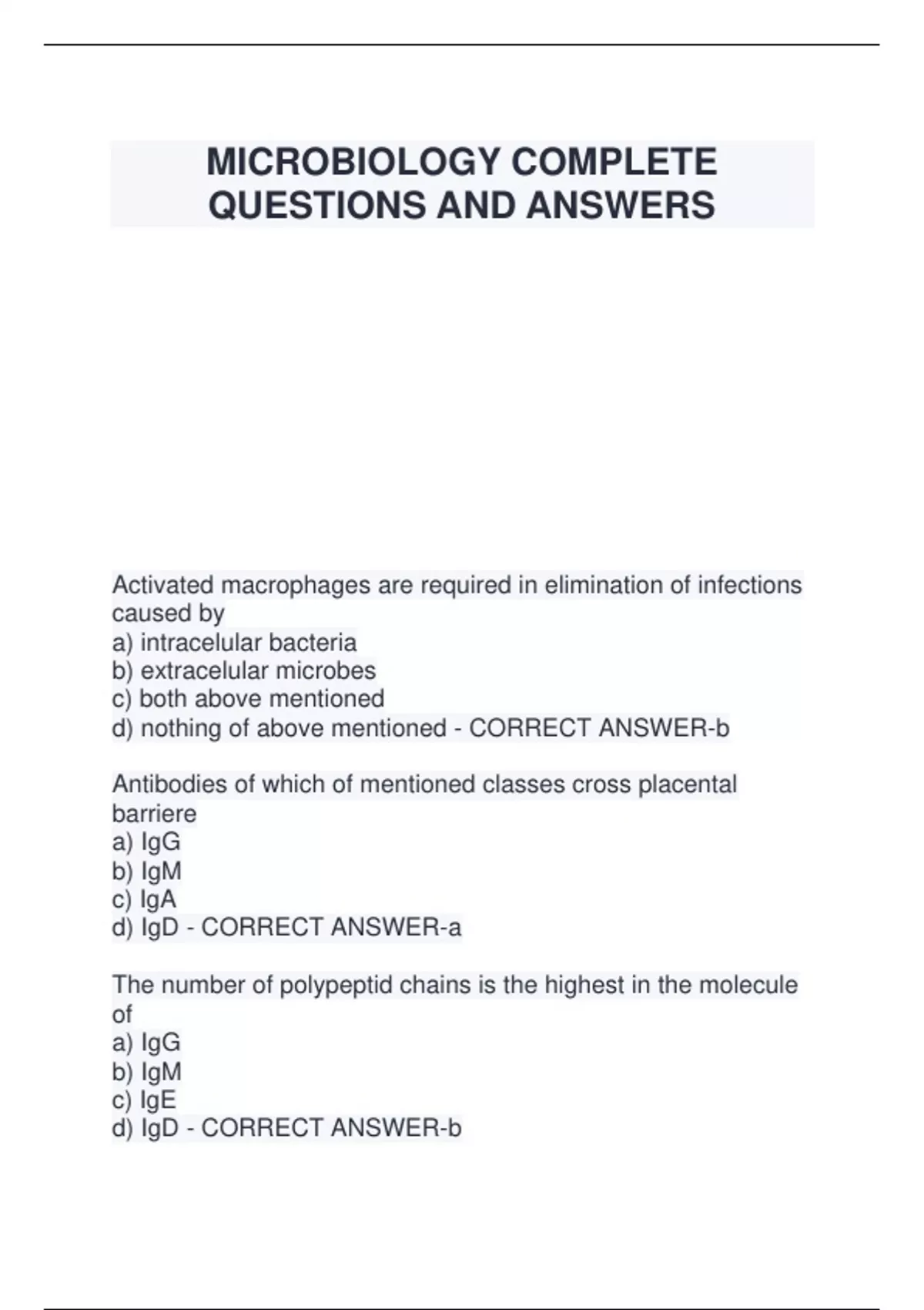 MICROBIOLOGY COMPLETE QUESTIONS AND ANSWERS - Microbiology - Stuvia US