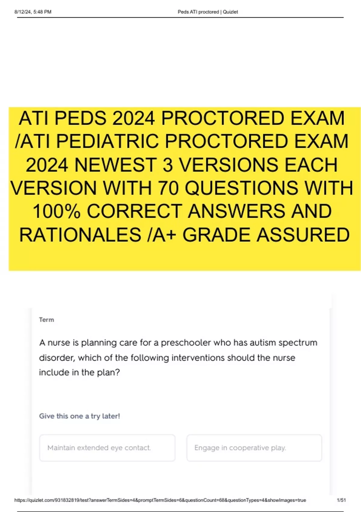 ATI PEDS 2024 PROCTORED EXAM /ATI PEDIATRIC PROCTORED EXAM 2024 NEWEST ...