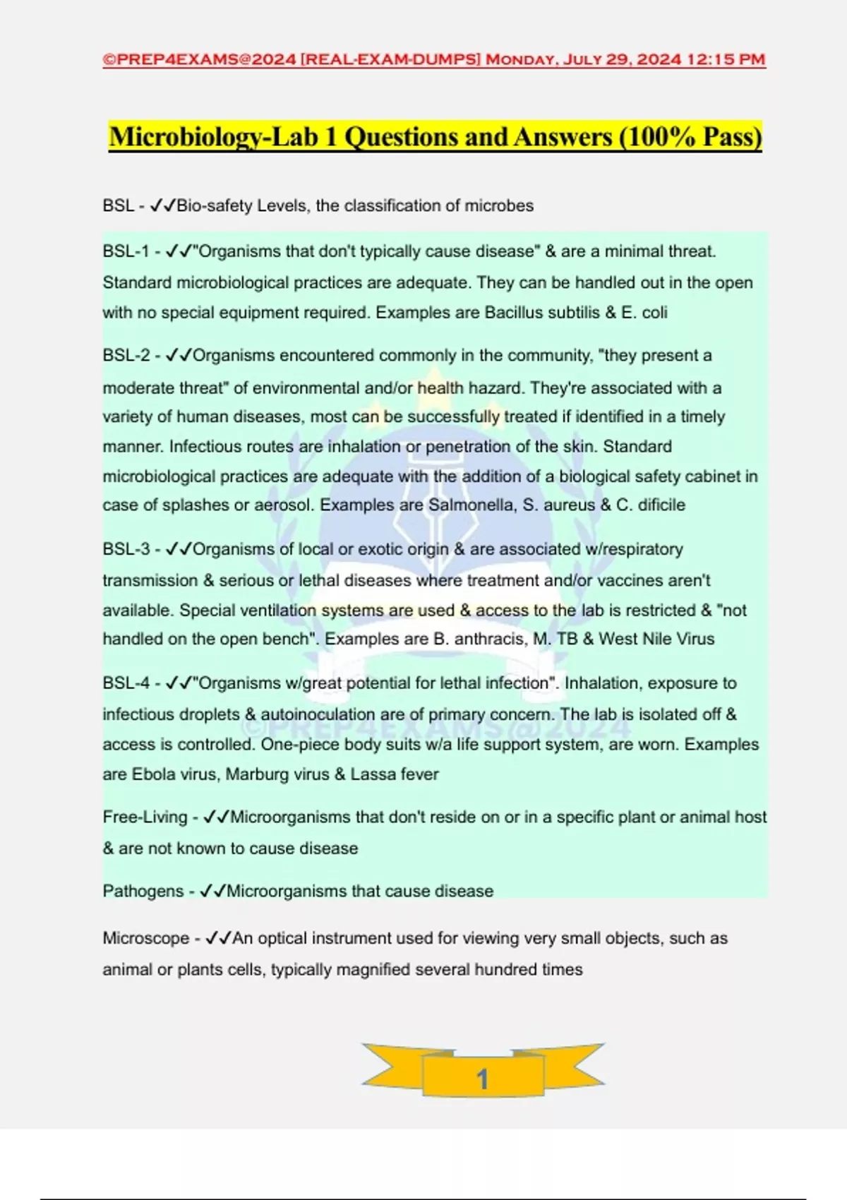 Microbiology-Lab 1 Questions and Answers (100% Pass) - Portage ...
