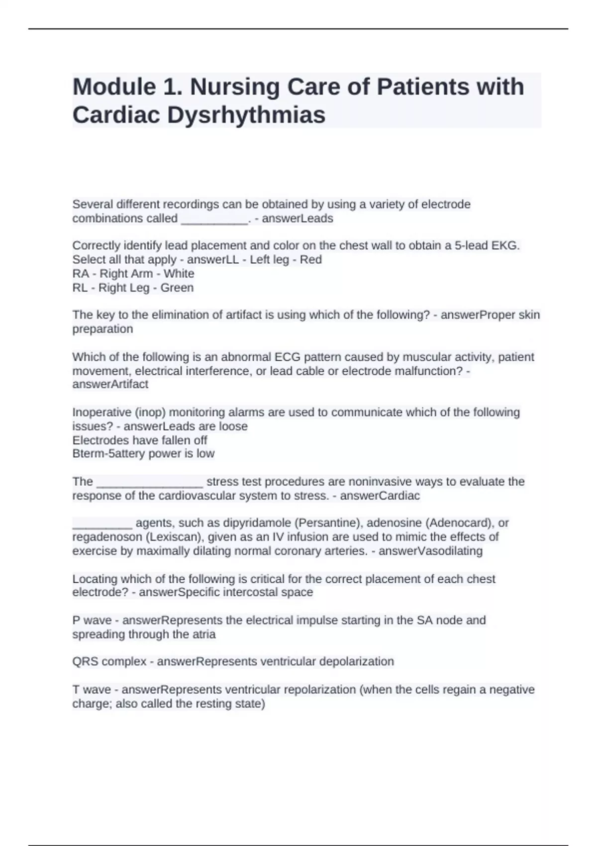 Module 1. Nursing Care of Patients with Cardiac Dysrhythmias Questions ...