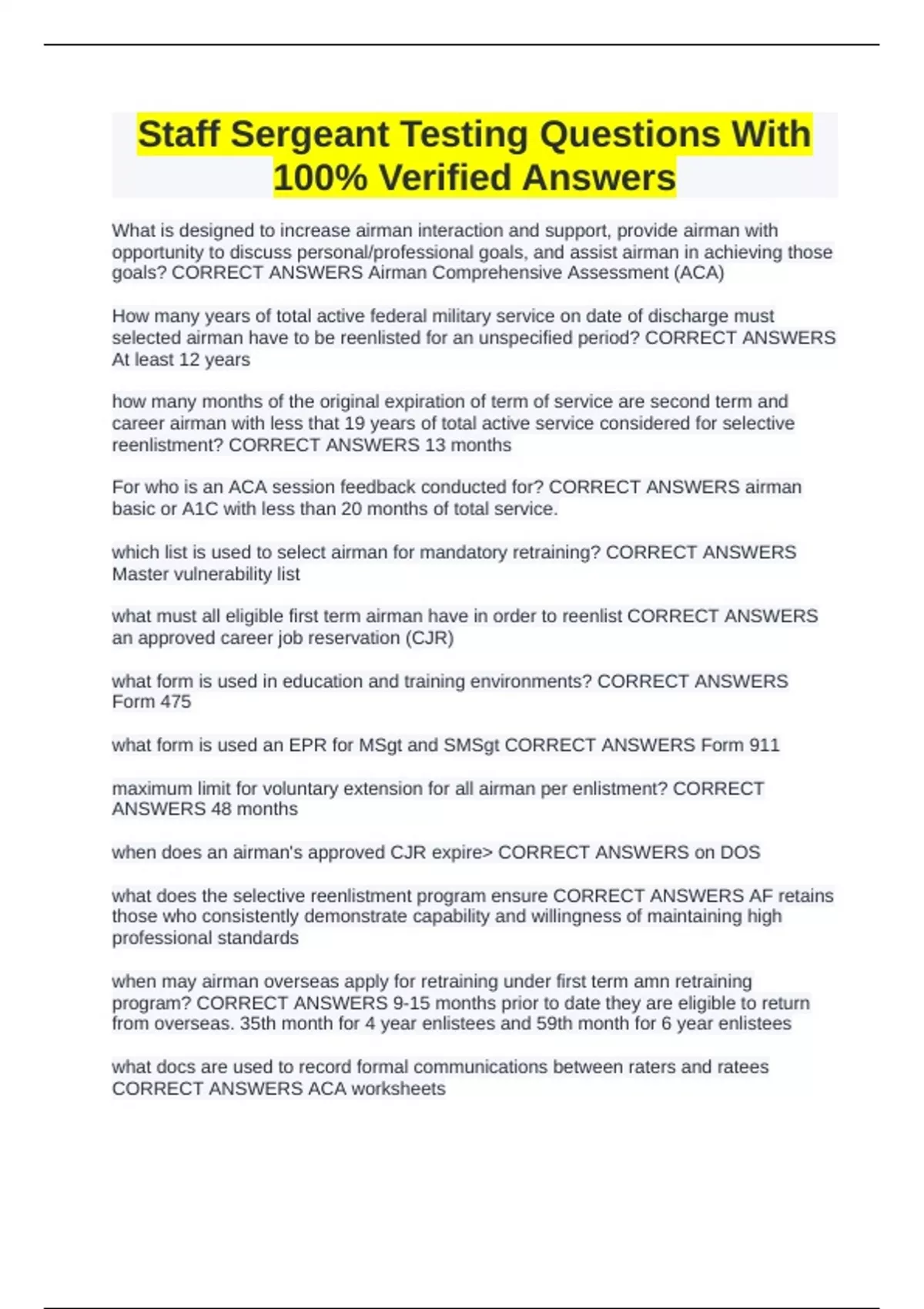 Staff Sergeant Testing Questions With 100% Verified Answers - Staff ...