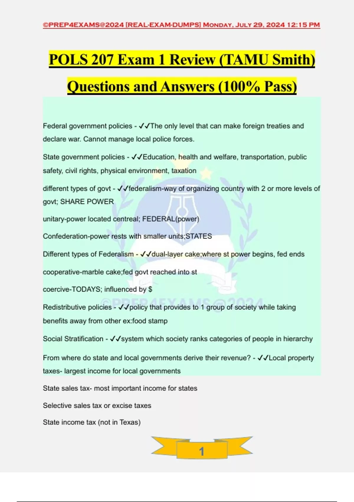 POLS 207 Exam 1 Review (TAMU Smith) Questions and Answers (100% Pass ...